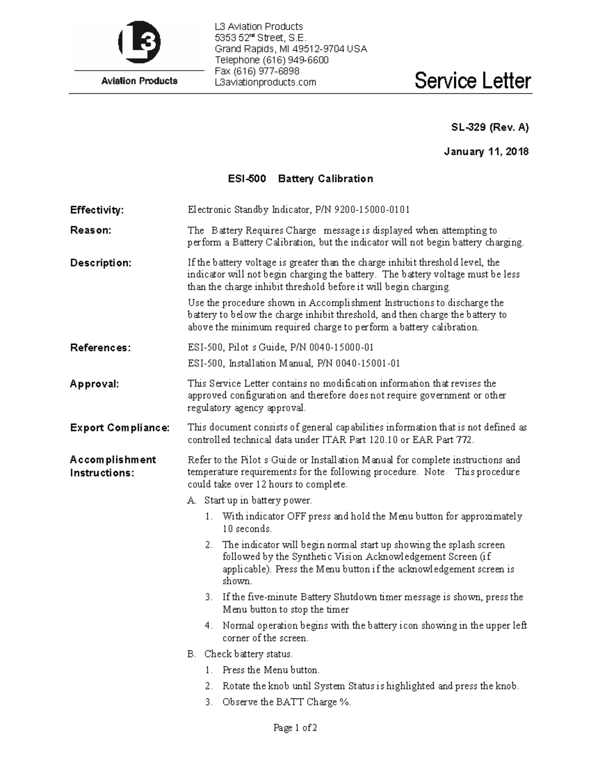 L3 ESI 500 Battery Calibration Service Letter (Rev. A) - Studocu
