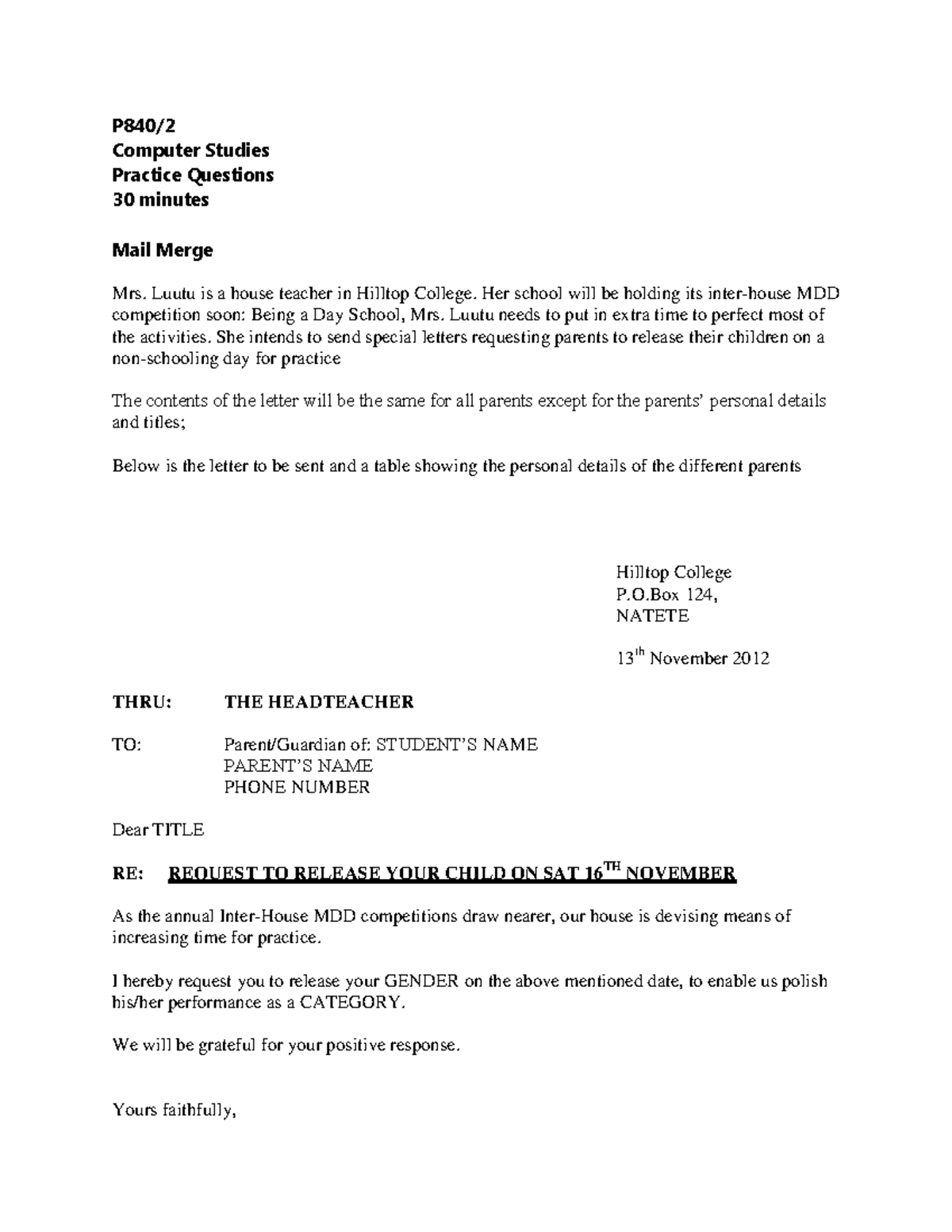 P840/Mail Merge Practice Questions for Computer Studies Revision - Studocu