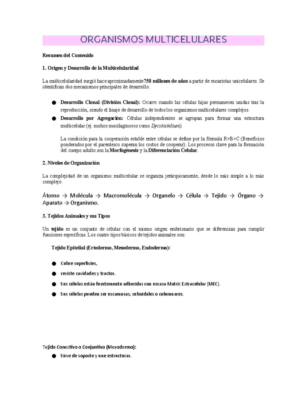 Guía de Resumen de Biología: Organismos Multicelulares y Meiosis - Studocu