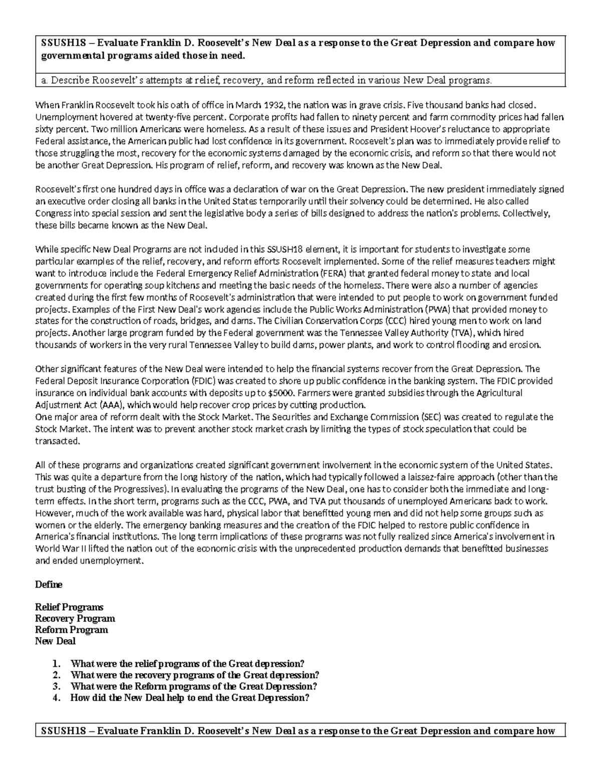 SSUSH18 - FDR's New Deal: Impact on the Great Depression Relief and ...