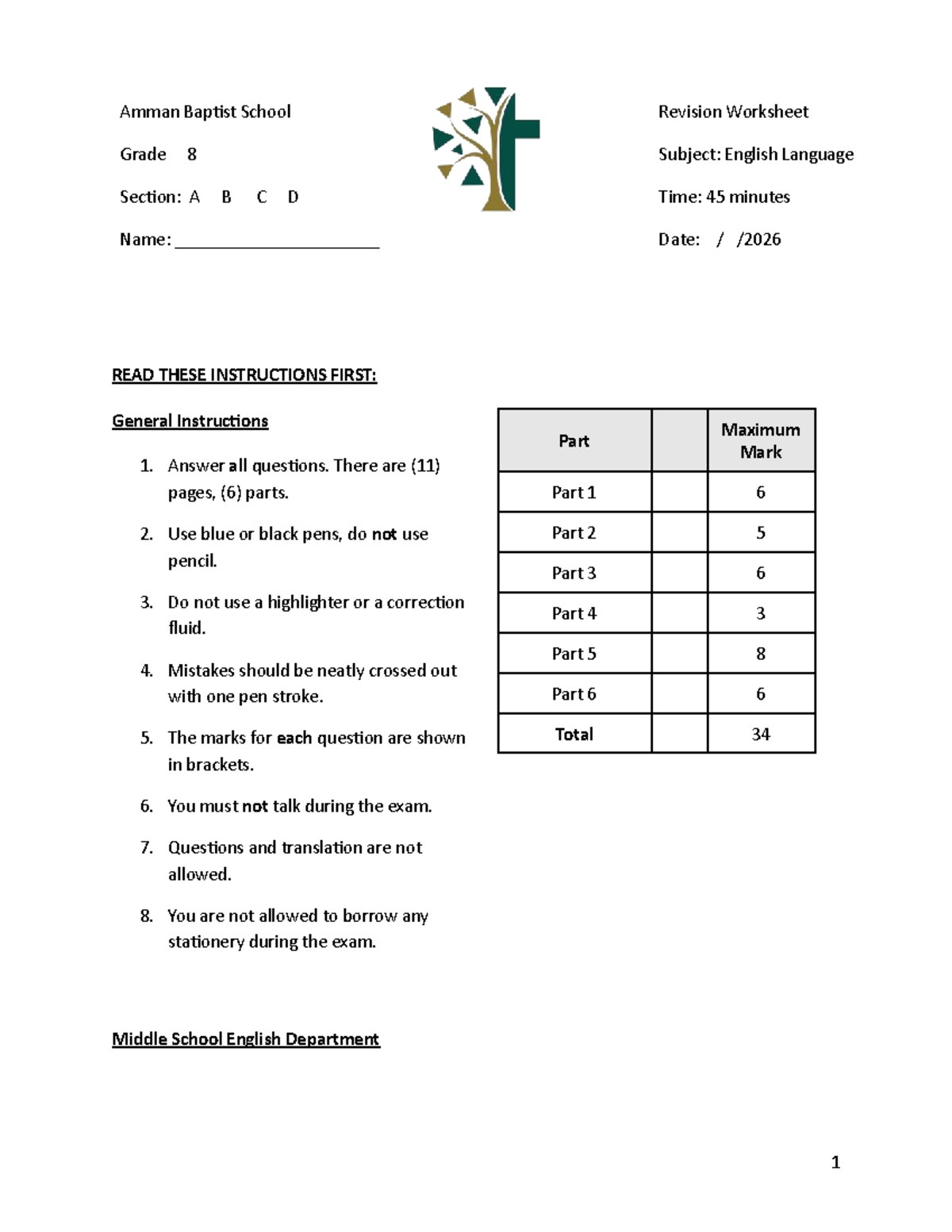 Revision for Midterm English Exam - Grade 8 - 2025-2026 - Studocu