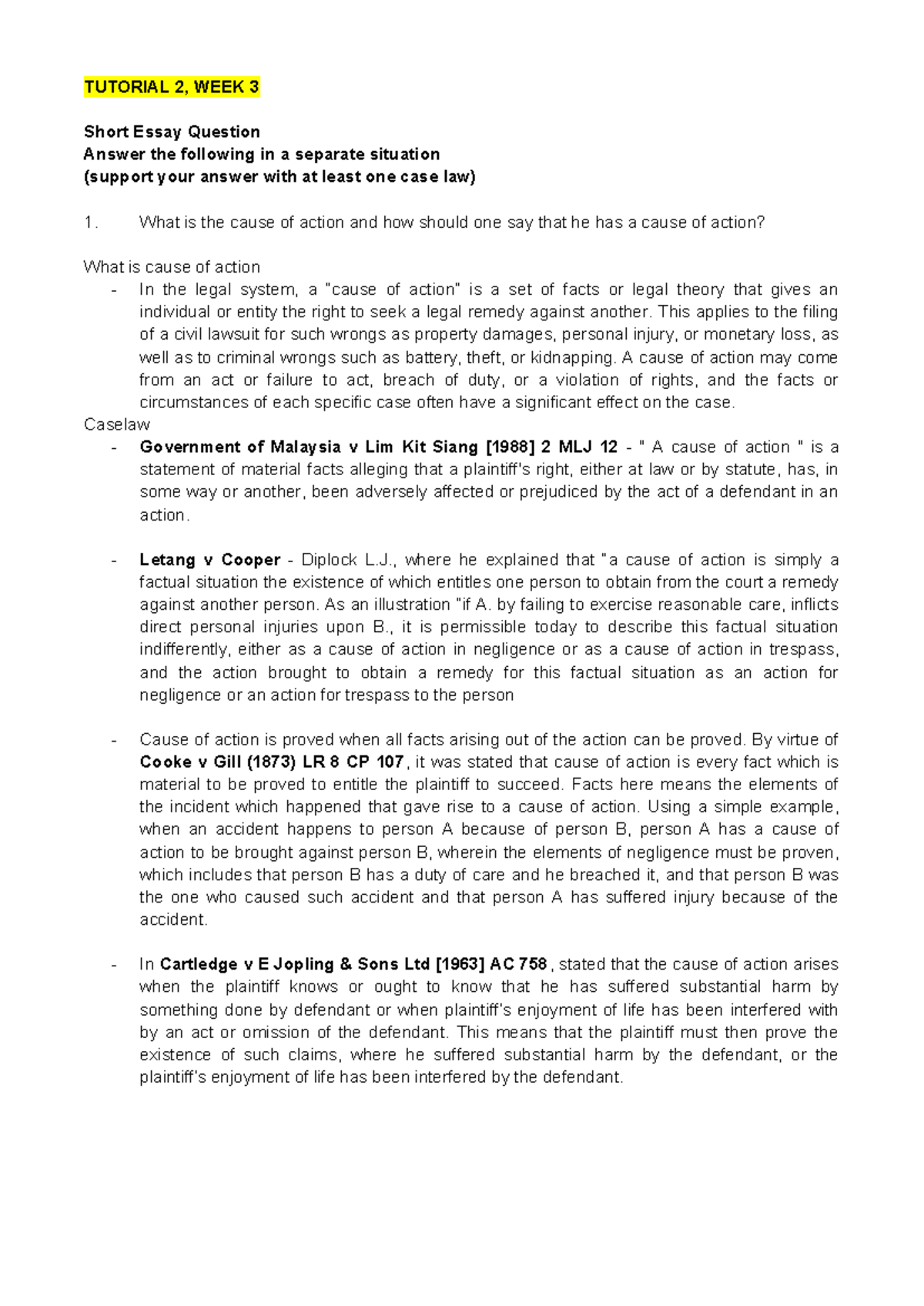 Tutorial 2, Week 3: Understanding Cause of Action in Law - Studocu