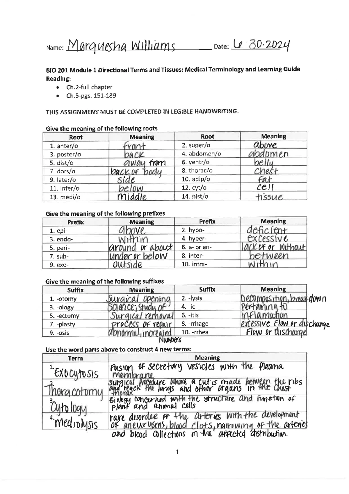 BIO 201 Module 1 Medical Terminology: Directional Terms & Tissues Guide ...