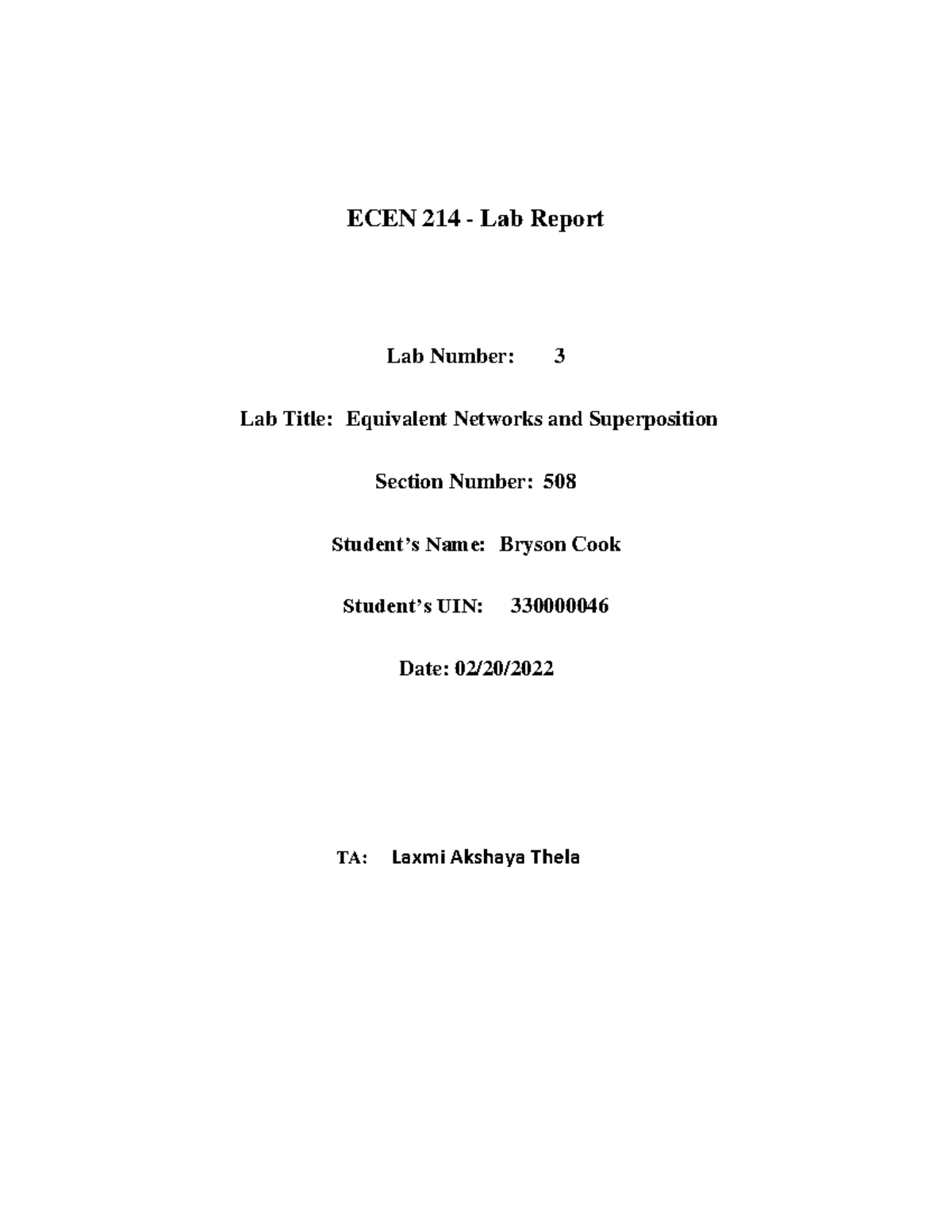 ECEN 214 - Prelab 3: Equivalent Networks & Superposition Report - Studocu