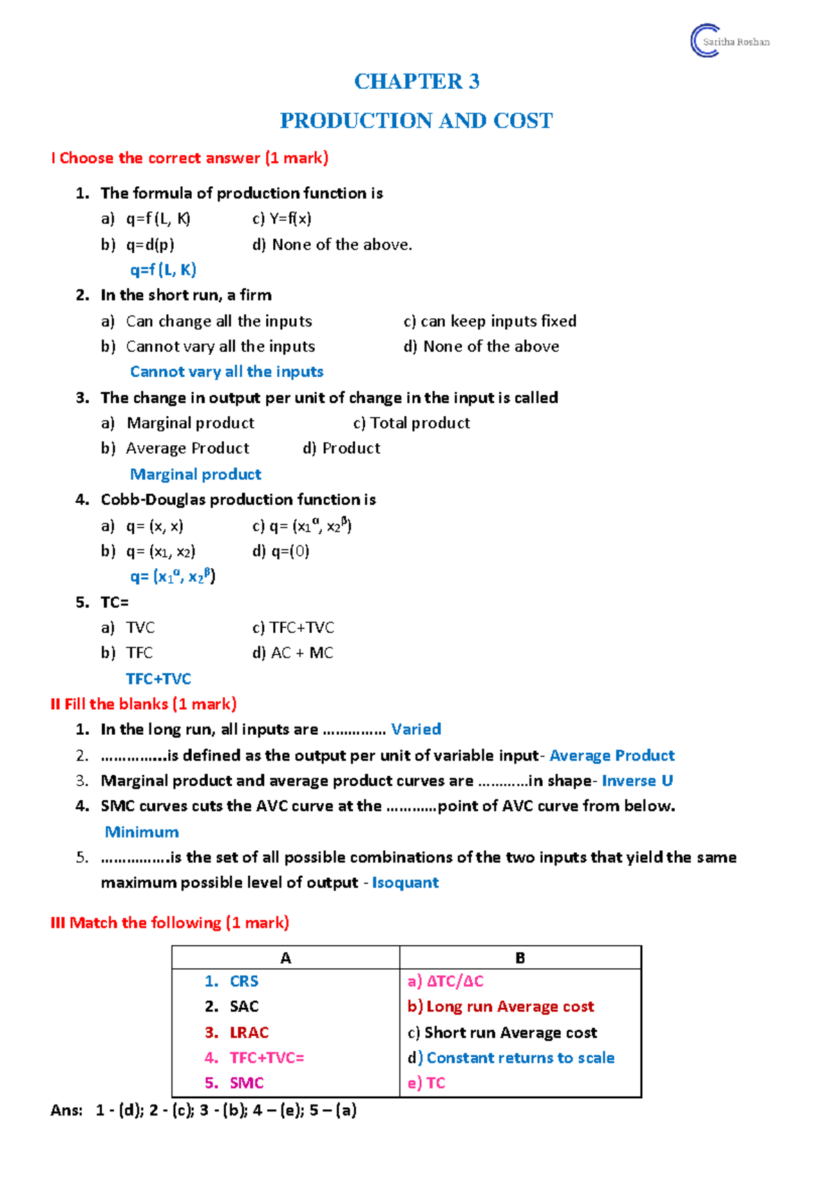 CHAPTER 3 PRODUCTION AND COST: Key Concepts and Formulas - Studocu