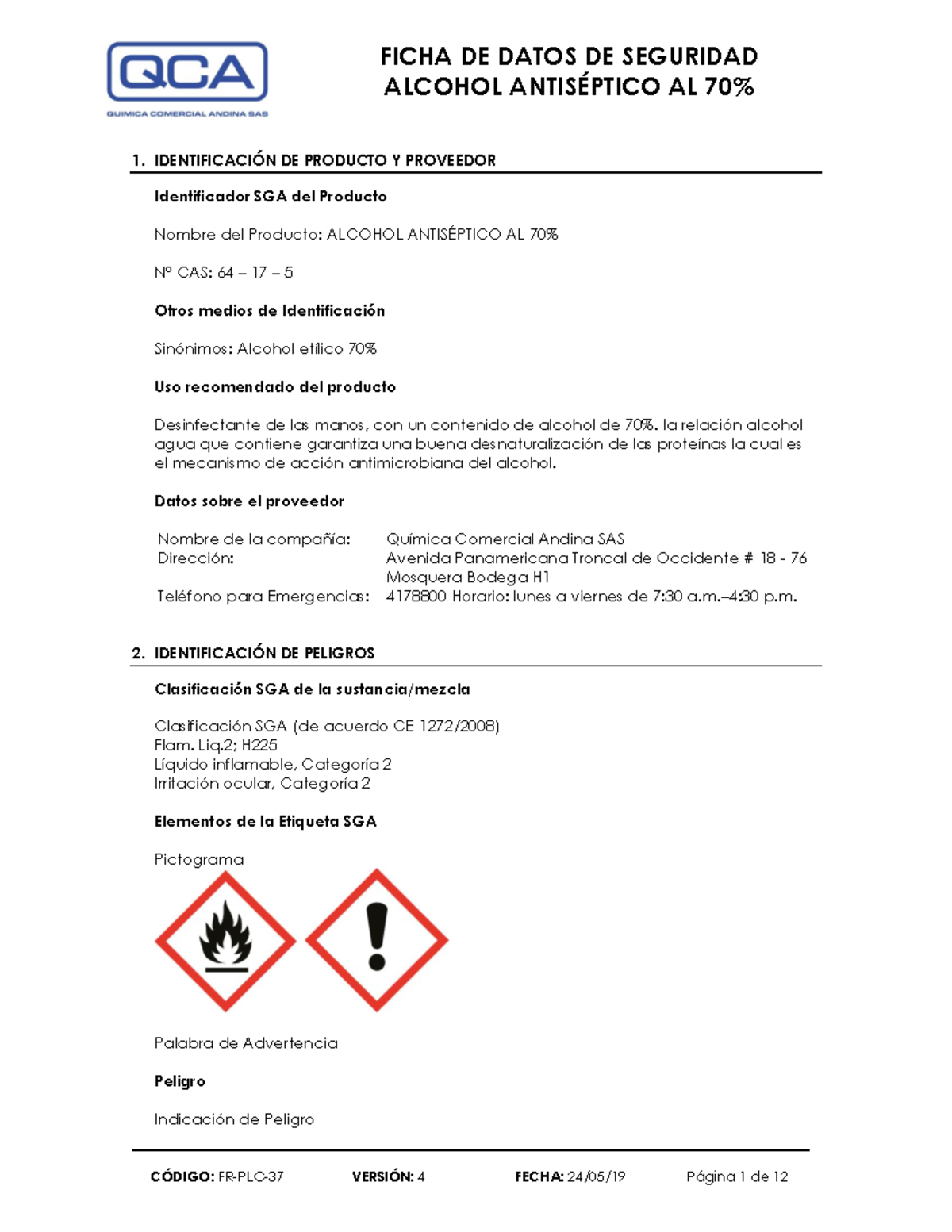 Alcohol Antiséptico al 70%: Ficha de Seguridad - Datos Esenciales - Studocu