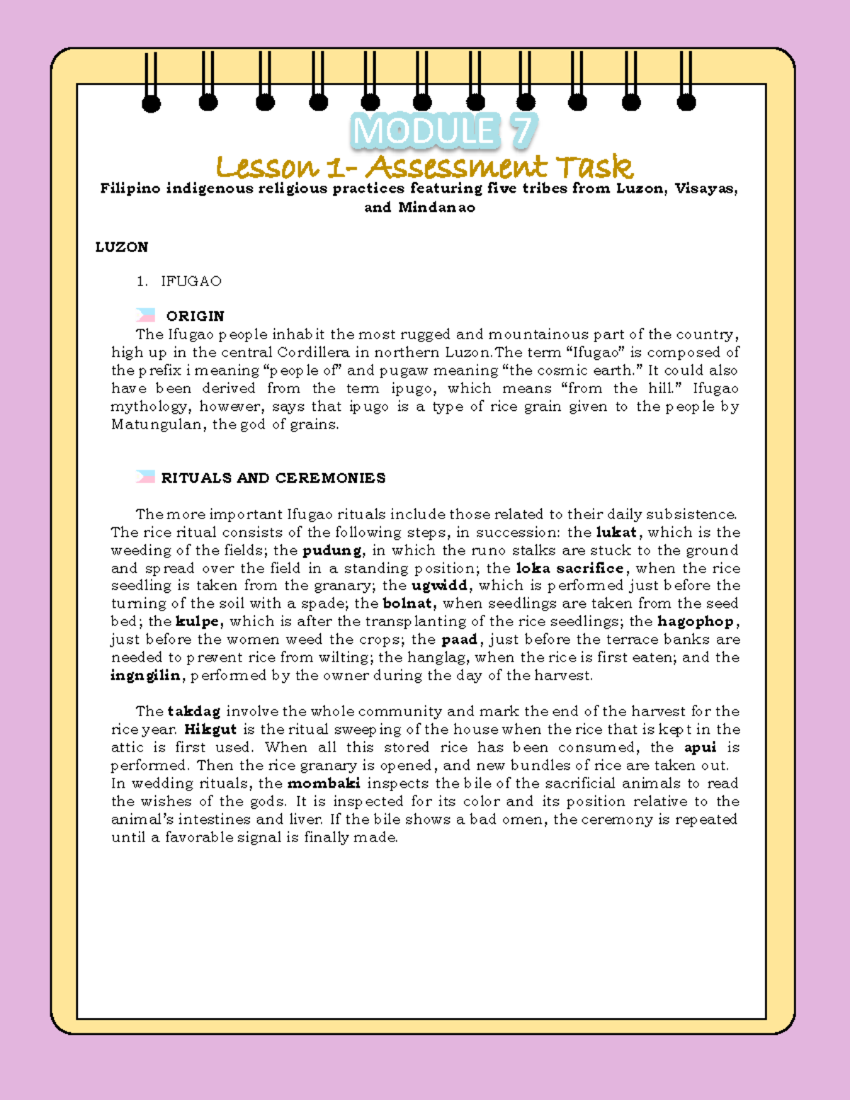 Module 7 Lesson 1: Assessment on Ifugao and Bontok Cultural Practices ...