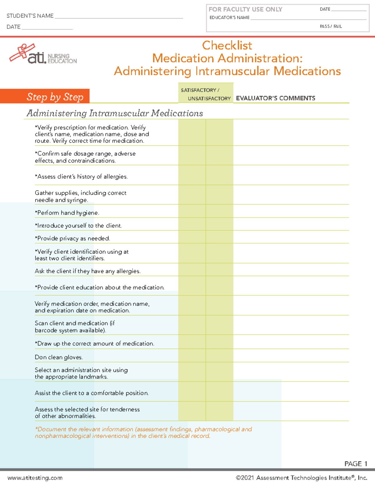 ATI Medication Administration Checklist: Administering IM Medications ...