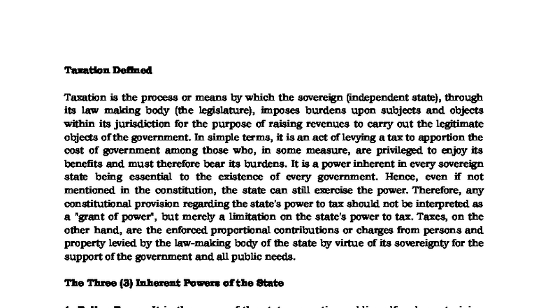 Taxation Defined: Understanding the Inherent Powers of the State - Studocu