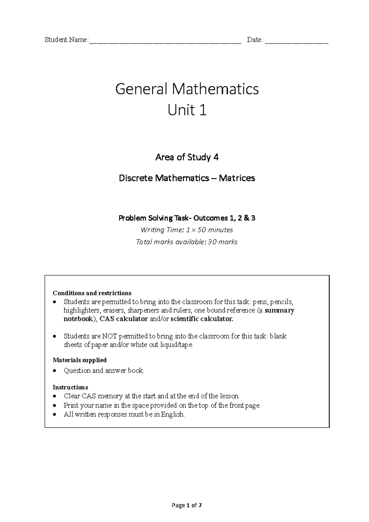 2024 11MAG Unit 1 SAC 4 Matrices Problem Solving Guide - Studocu