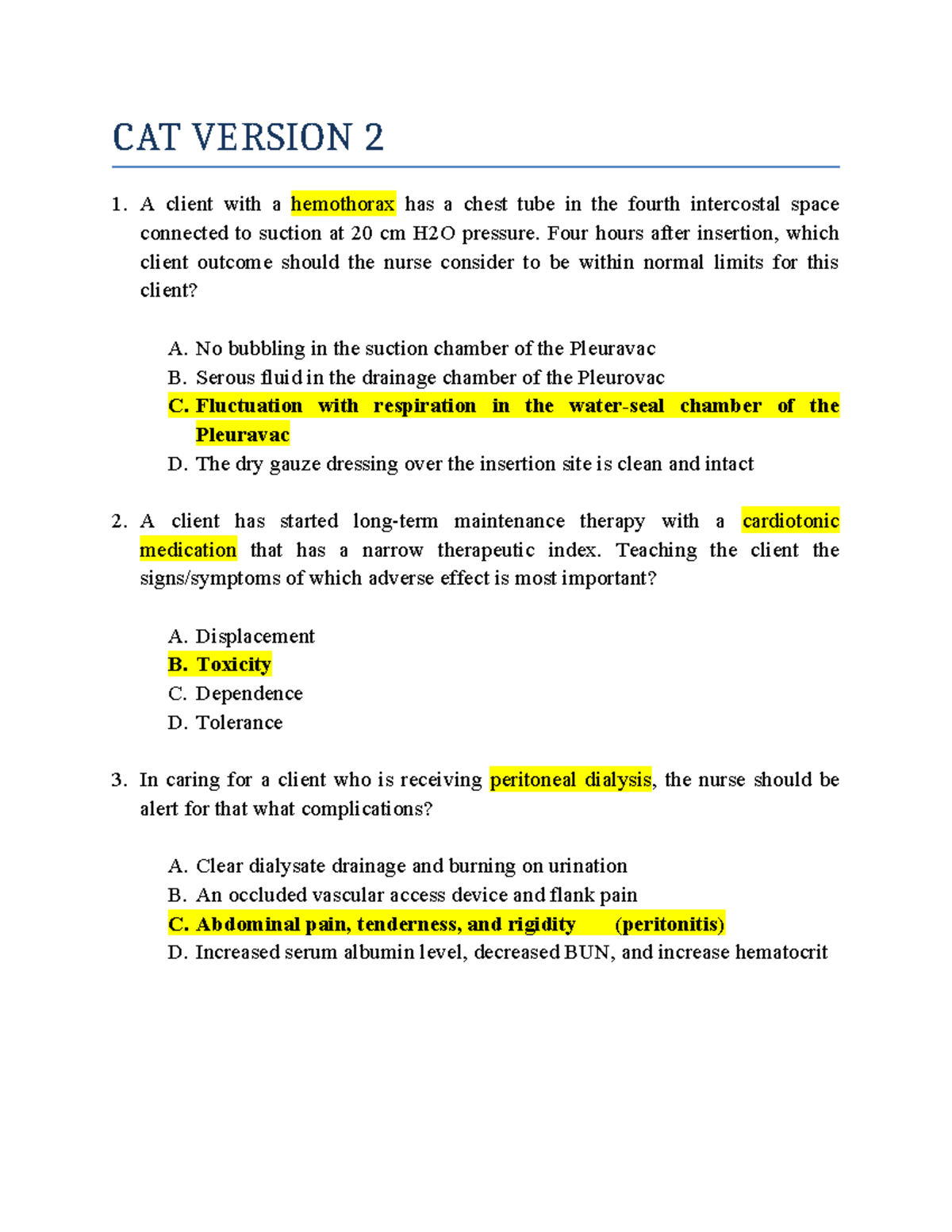 HESI CAT Versions 1 2 3 4 - CAT Hesi - CAT VERSION 2 A client with a ...