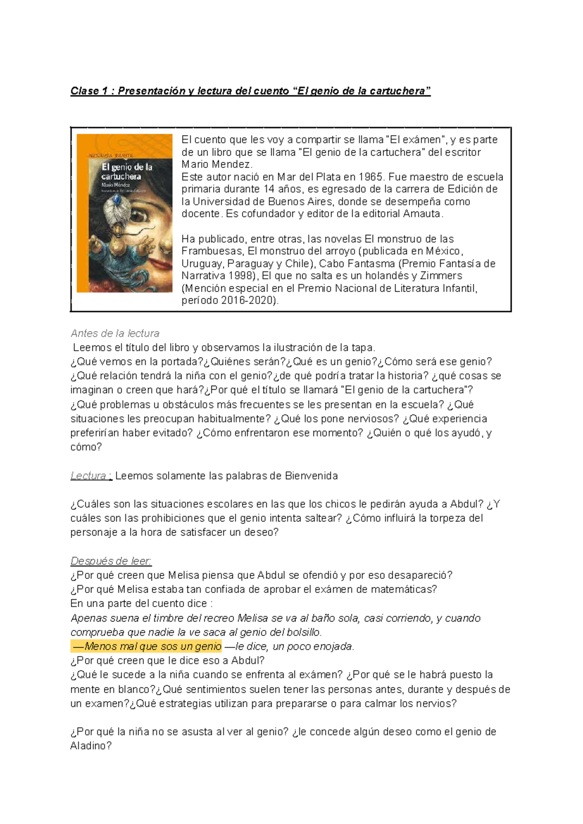 Clase 1: Presentación y análisis del cuento "Genio" de Mendez 4to Sec ...