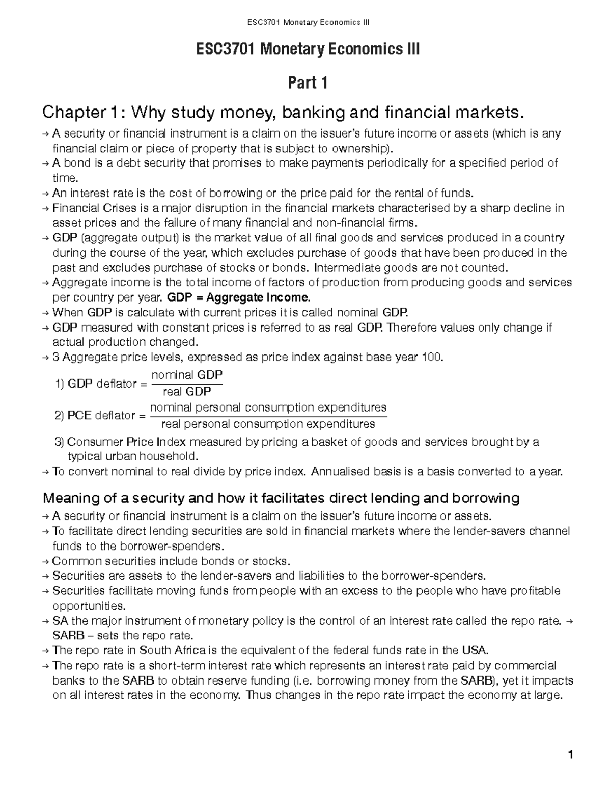 ESC3701 Monetary Economics - Exam Notes on Money, Banking & Financial ...