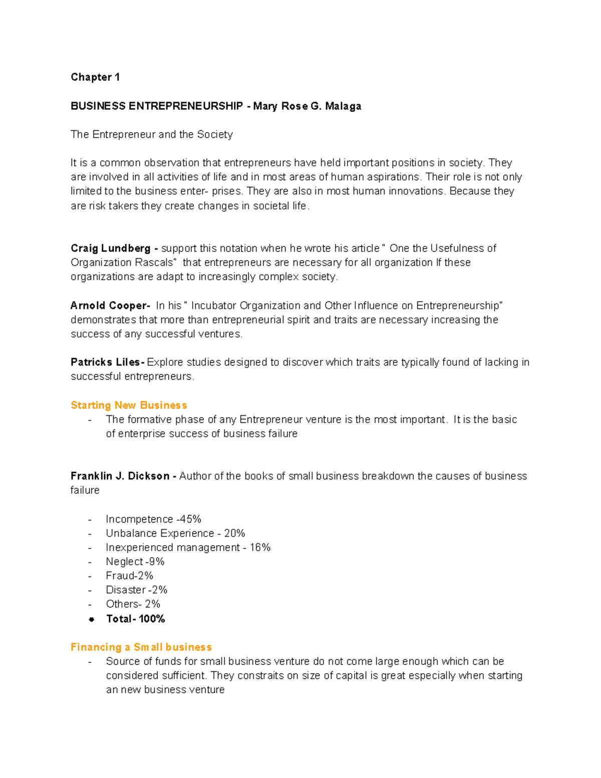 Chapter 1 - Summary - Chapter 1 BUSINESS ENTREPRENEURSHIP - Mary Rose G ...