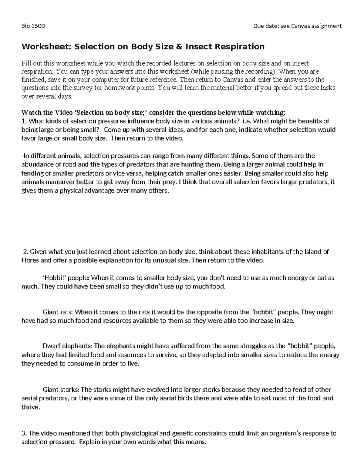 Bio 1500 Worksheet: Selection on Body Size & Insect Respiration - Studocu