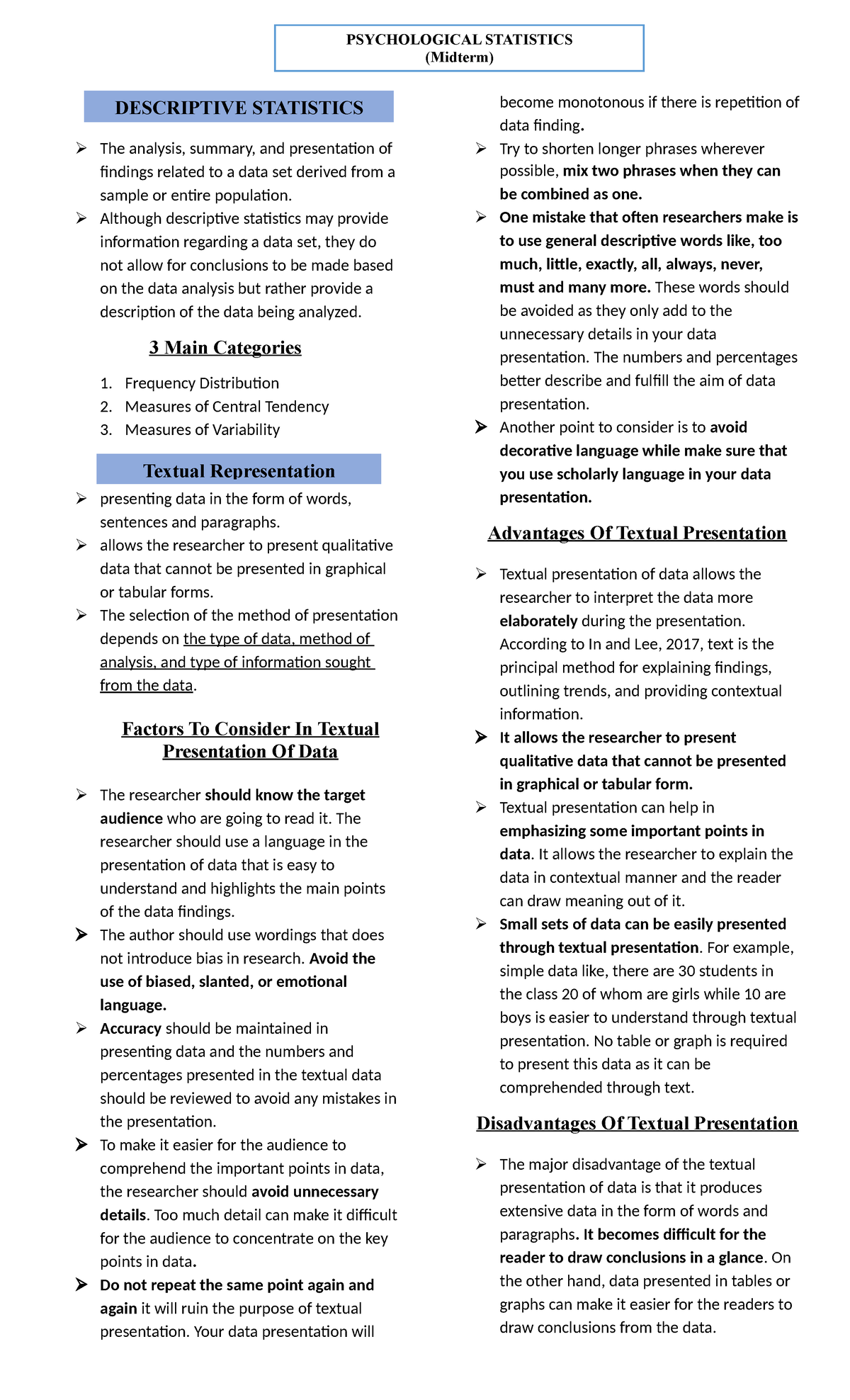 Psychstats (midterm) - The analysis, summary, and presentation of ...
