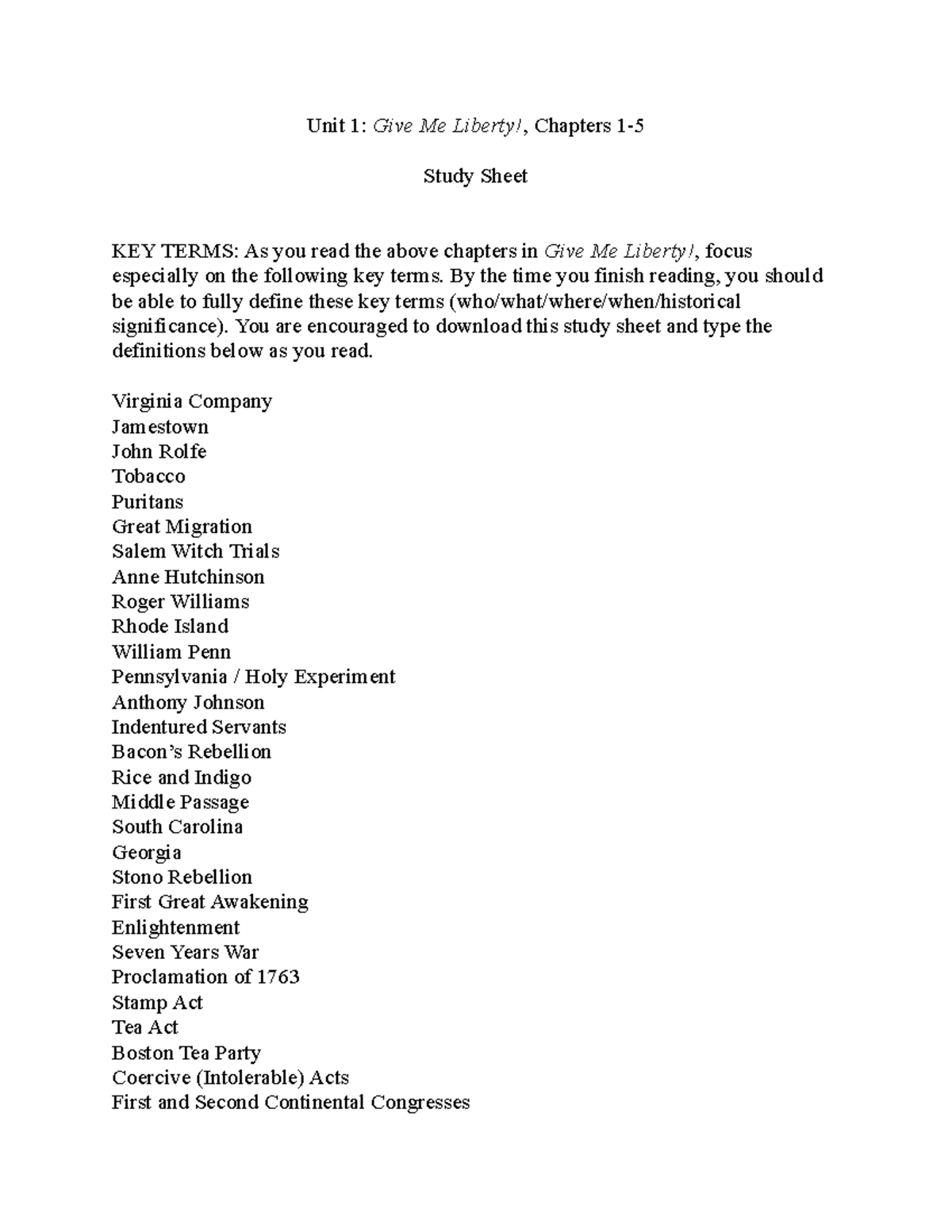 HIST 101: Unit 1 Study Sheet on Colonial America and Key Terms - Studocu