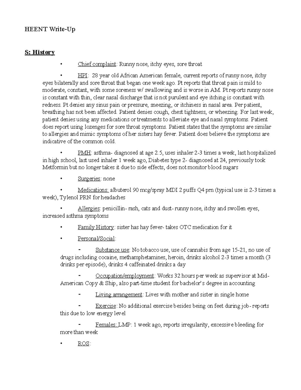 N502 HEENT Write-Up: Patient Case with Allergy and Cold Symptoms - Studocu