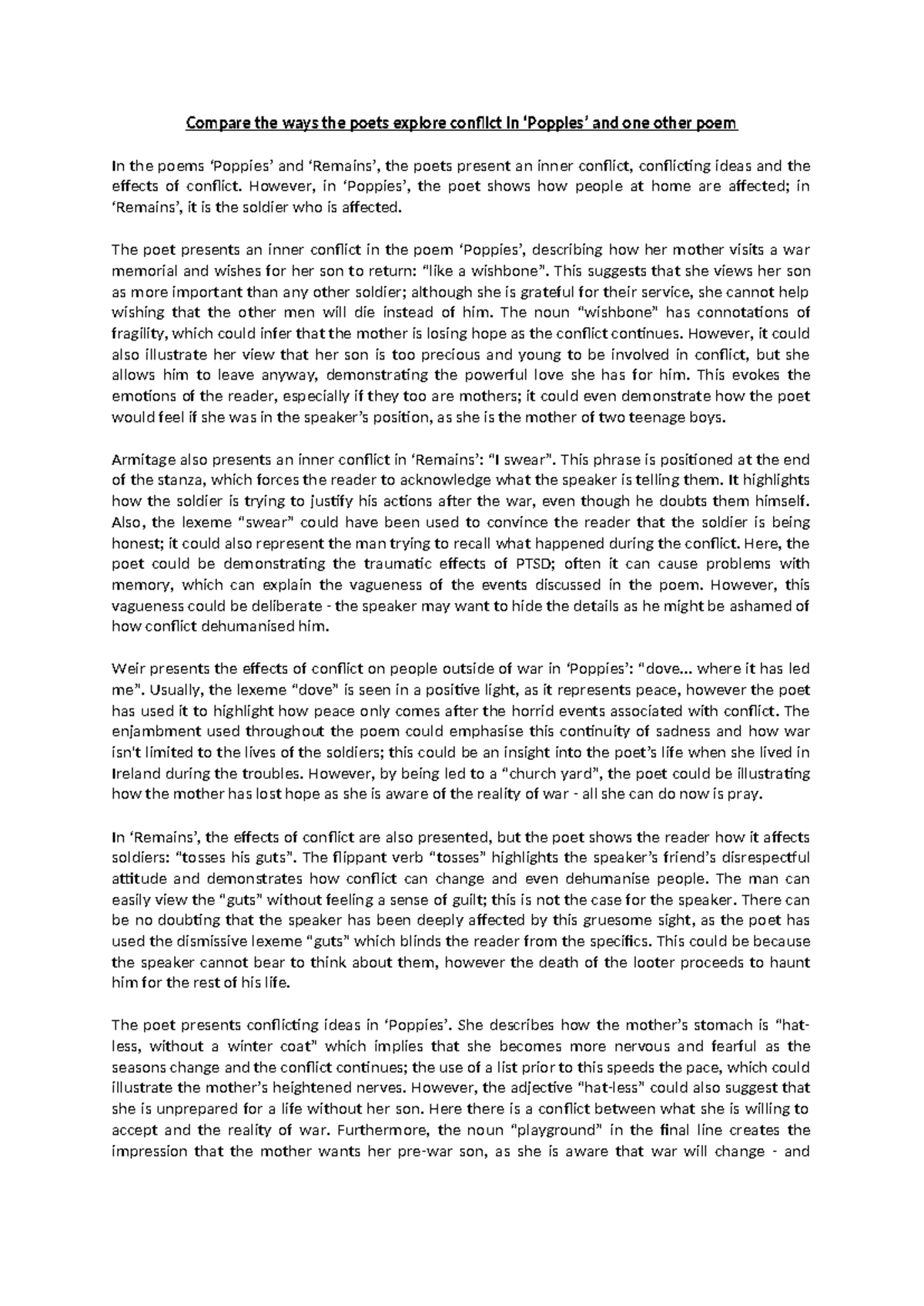 GCSE Power and Conflict Poetry Grade 9 Essay: Comparing 'Poppies ...