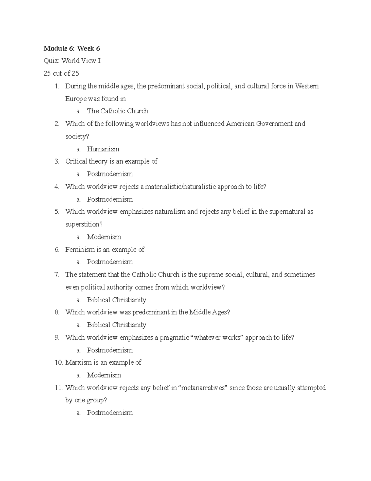 Quiz: Exploring Worldviews in Module 6 (World View I) - Studocu