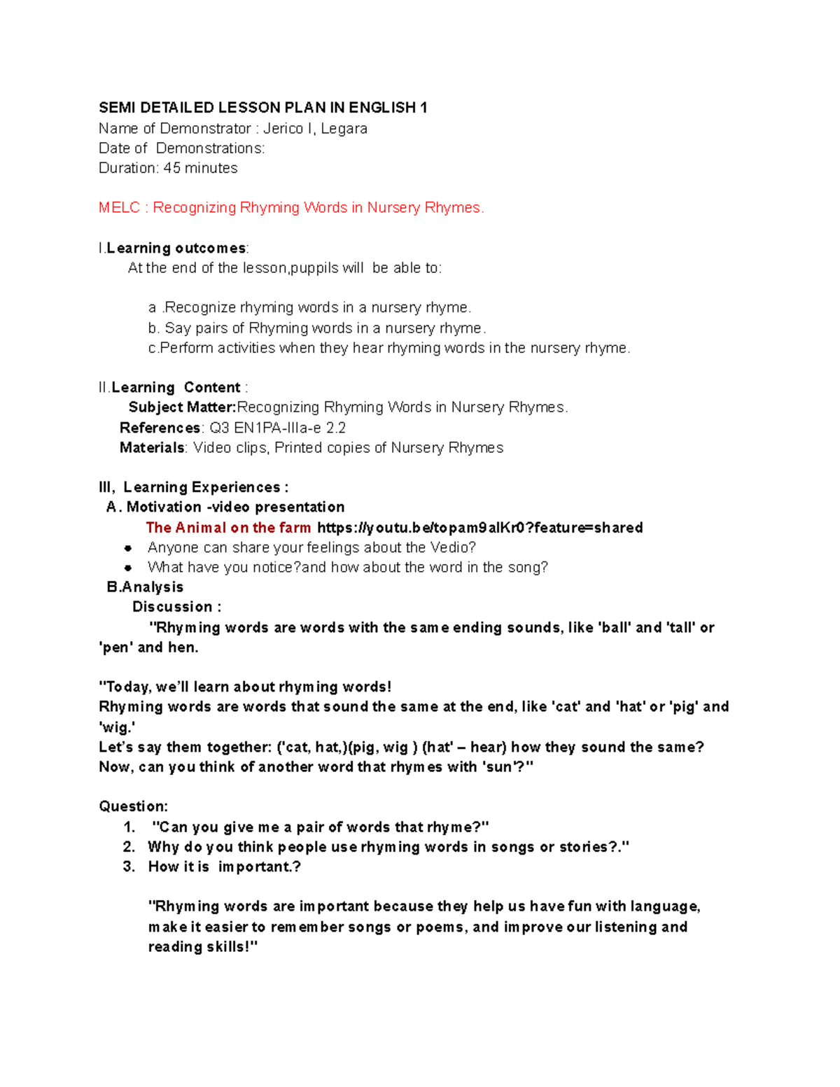 SEMI DETAILED - Lesson Plan on Recognizing Rhyming Words (EN1PA) - Studocu