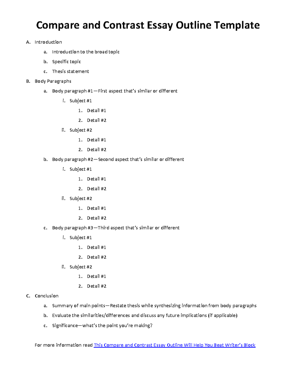 Compare and Contrast Essay Outline Template - Introduction a ...
