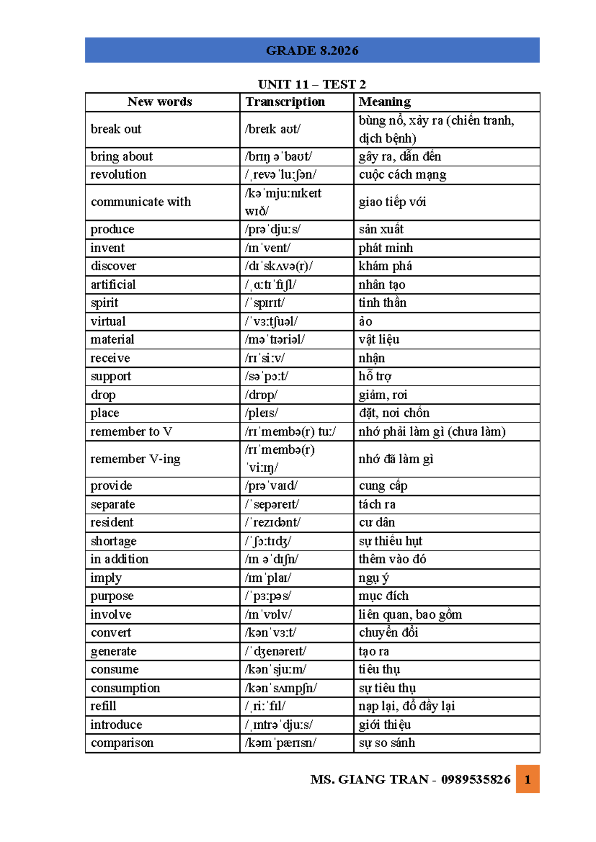 UNIT 11 - TEST 2 - English Vocabulary & Transcription Guide - Studocu