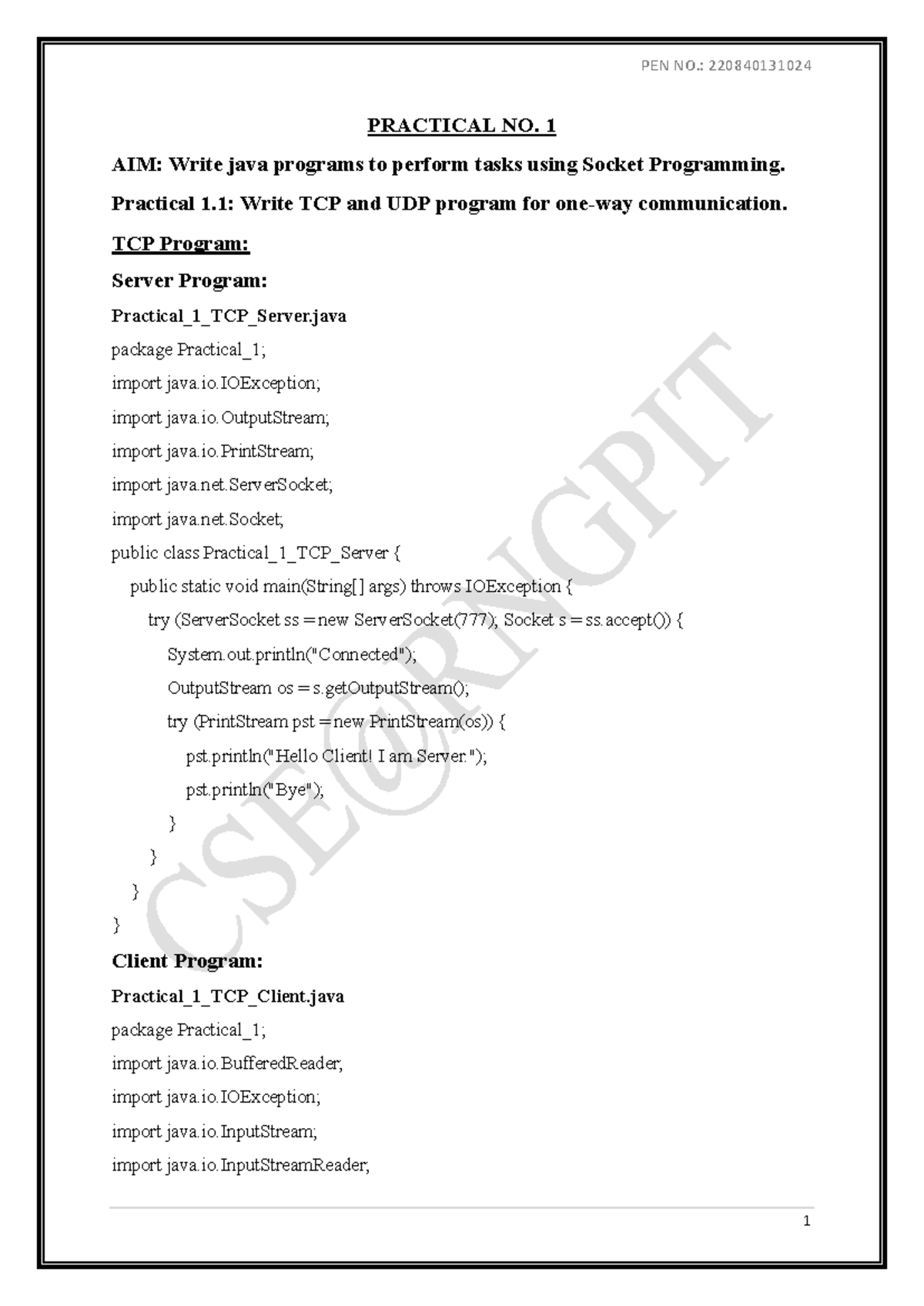 PEN NO.: 220840131024 Java Socket Programming Practical Exercises - Studocu