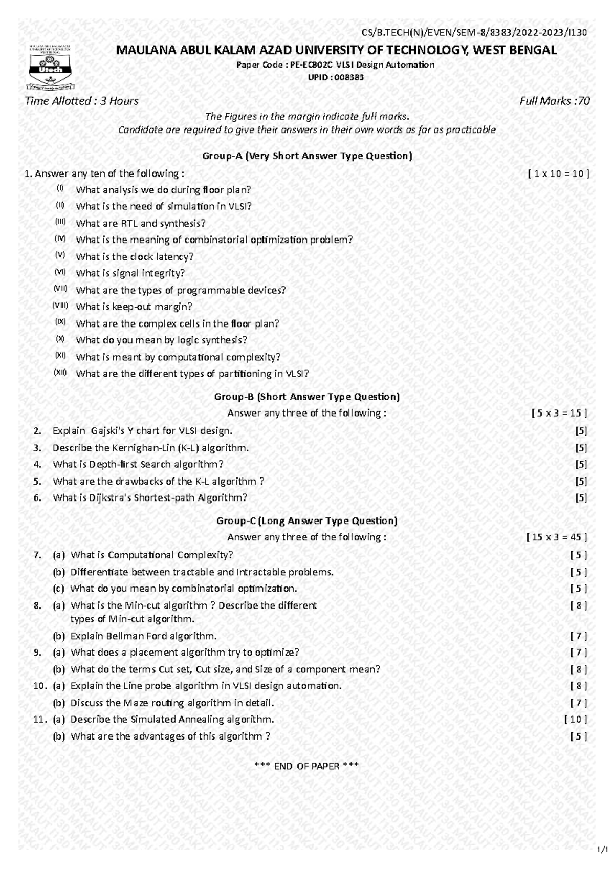 PE-EC802C VLSI Design Automation Exam Paper - Short & Long Answers ...