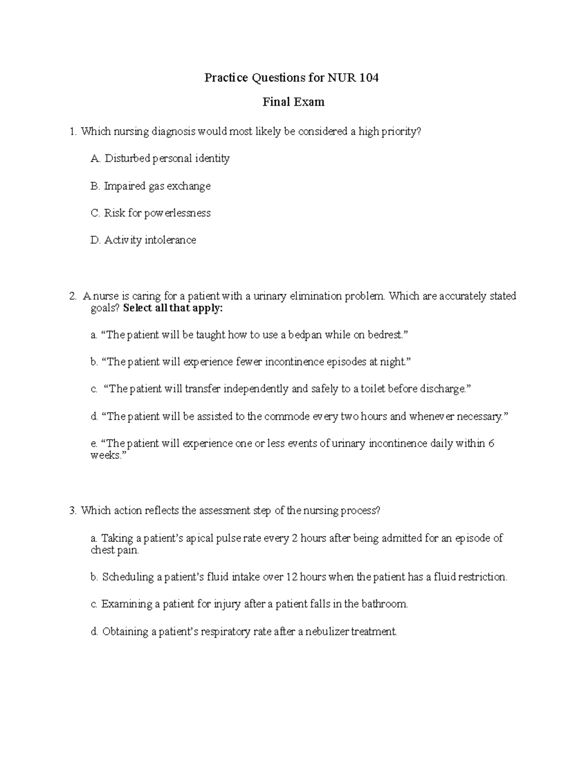 NUR 104 Final Exam Practice Questions and Study Guide - Studocu