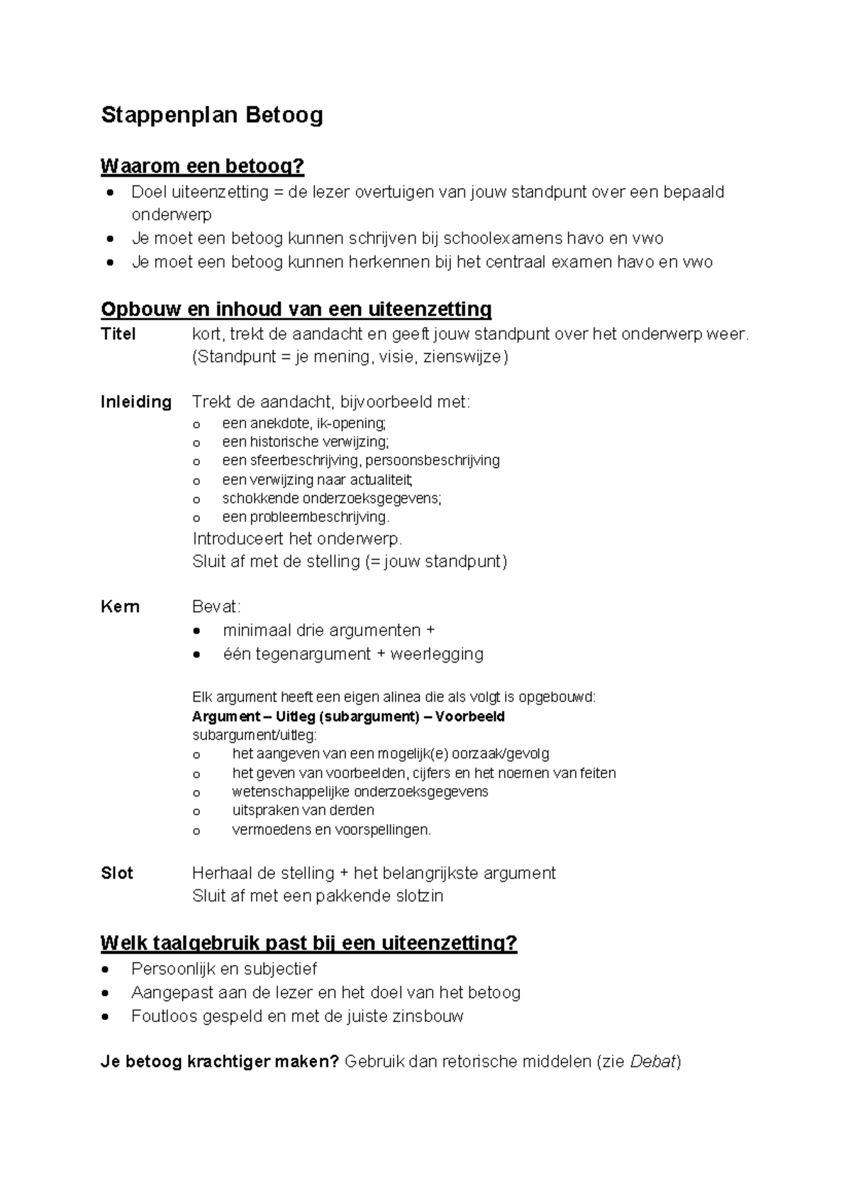 Stappenplan Betoog: Structuur en Argumentatie voor Havo/Vwo - Studeersnel