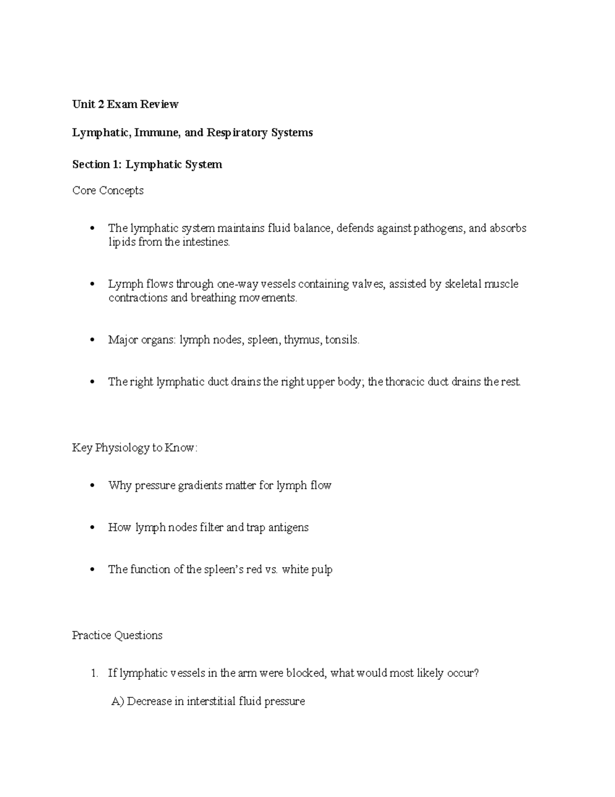 Unit 2 Exam Review: Lymphatic, Immune, & Respiratory Systems - Studocu