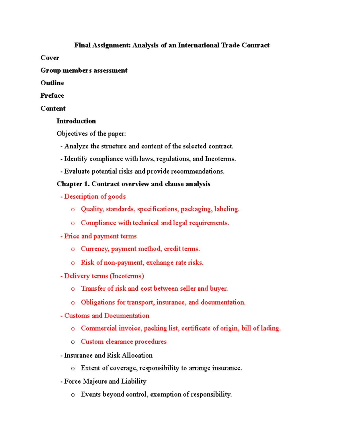 Final Assignment: Intl Trade Contract Analysis (Course Code) - Studocu