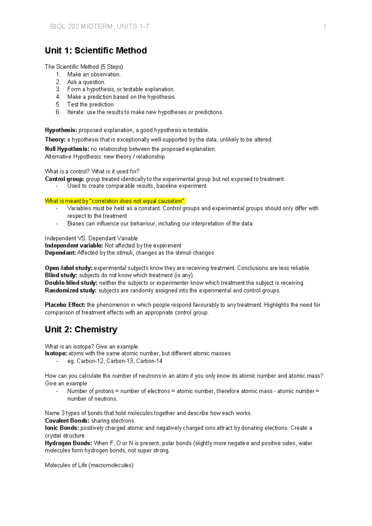 BIOL 202 Midterm - BIOL 202 MIDTERM, UNITS 1 Unit 1: Scientific Method ...