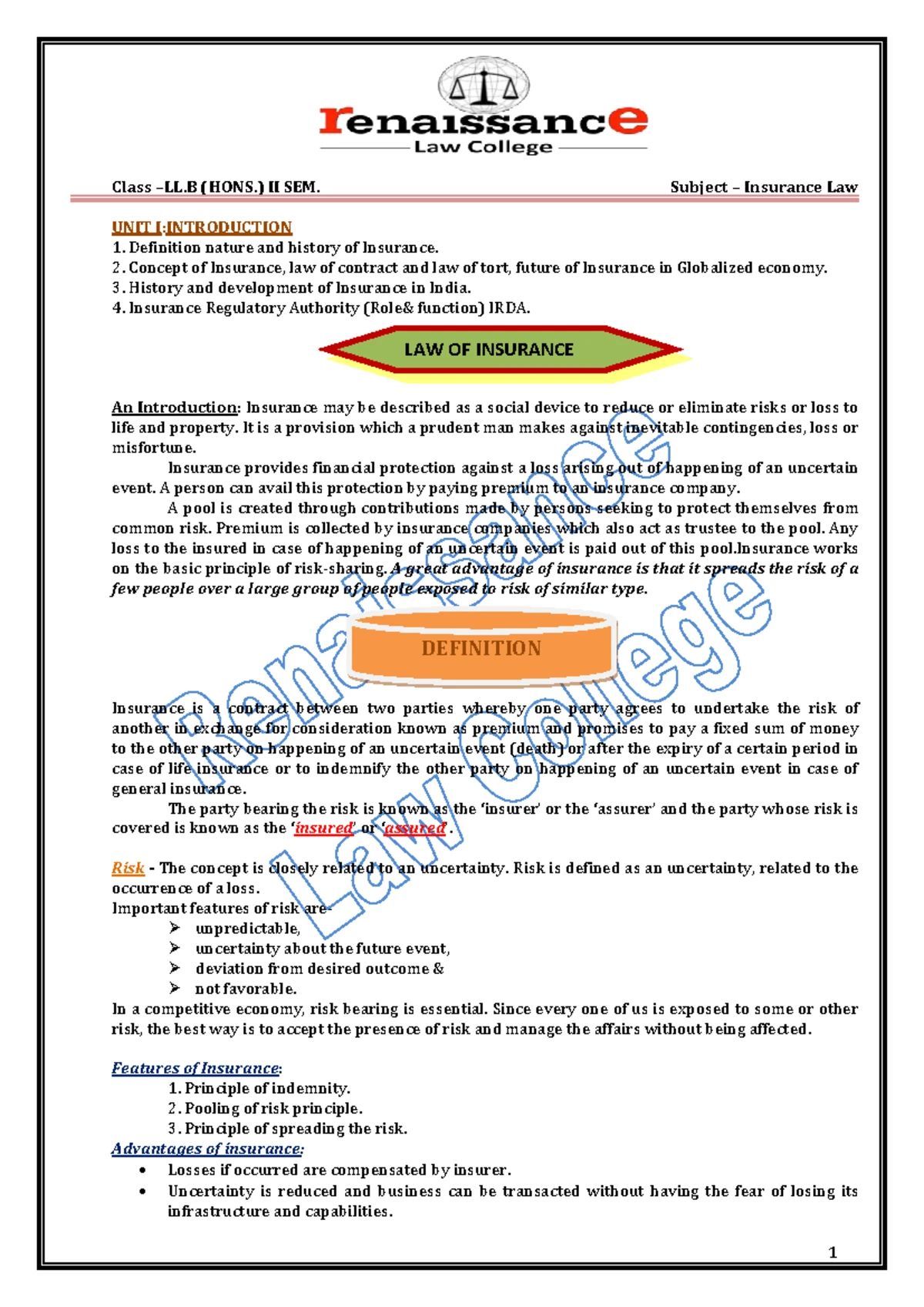 Insurance-Law Notes (brief Notes) - UNIT I:INTRODUCTION Definition ...