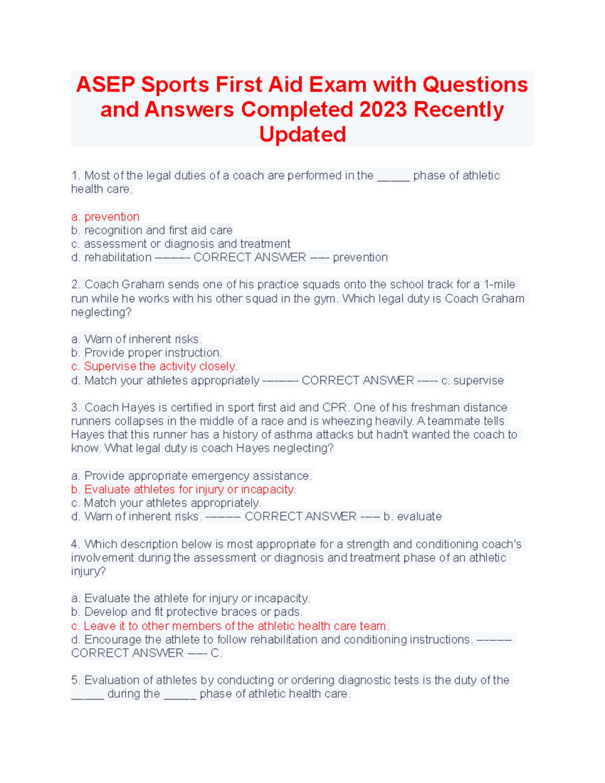 ASEP Sports First Aid Exam with Questions and Answers Completed 2023 Recently Updated - a. - Studocu
