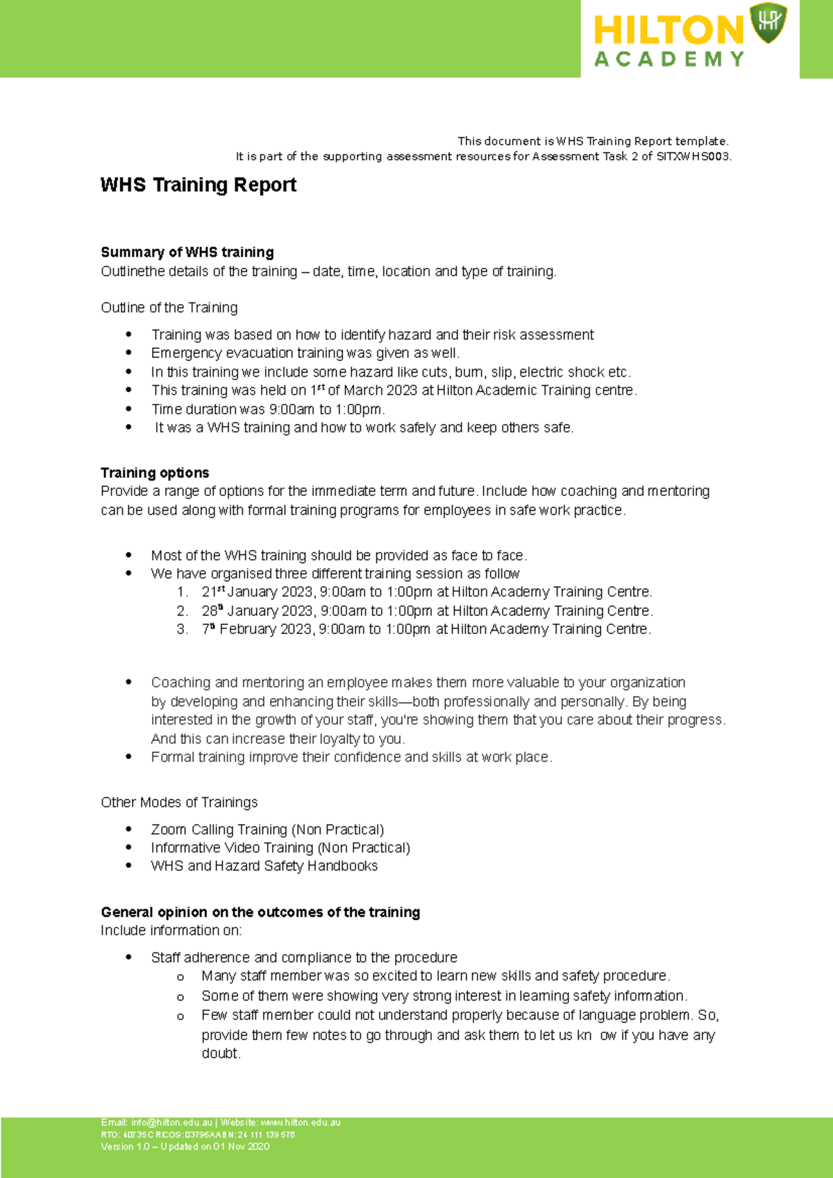 WHS Training Report Template Done - Page 1 of 2 This document is WHS ...