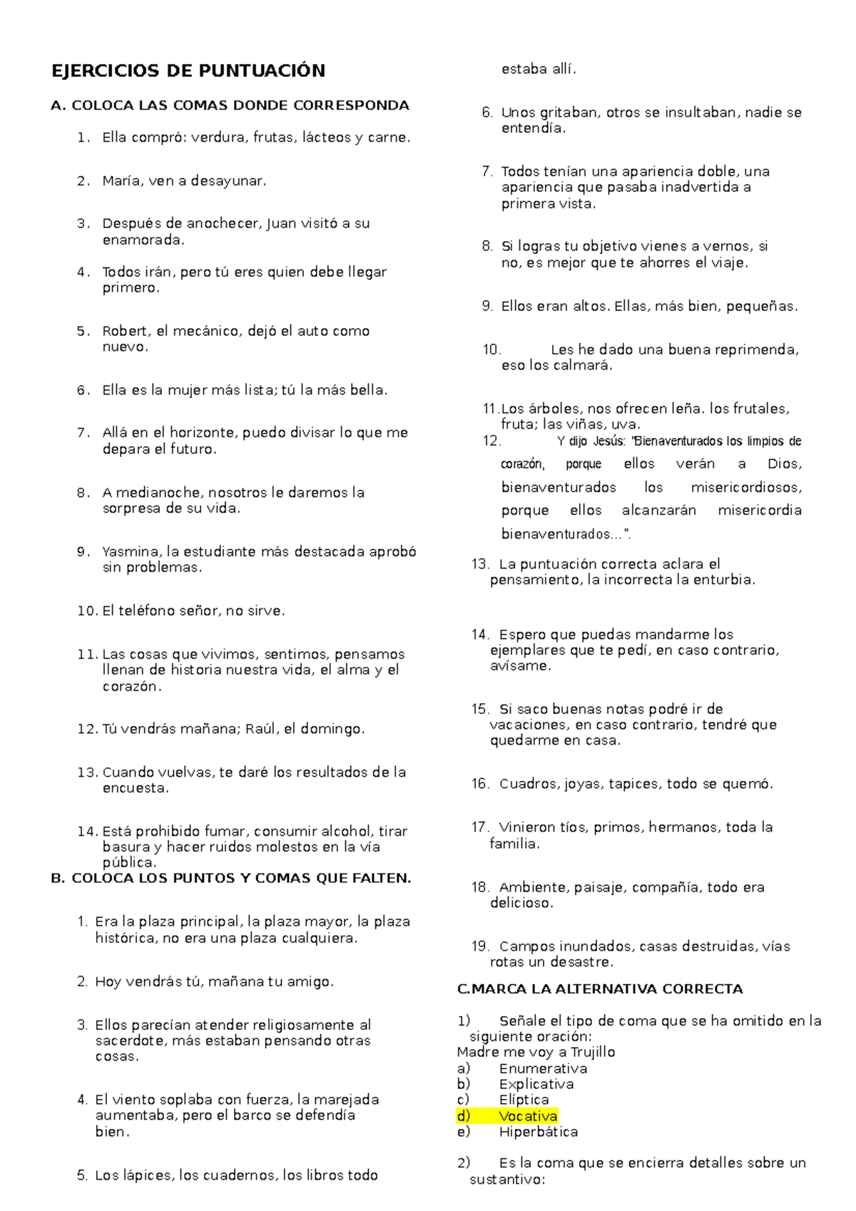 Ejercicios de Puntuación: Comas y Puntos y Comas - Práctica DE PUNT 1 ...