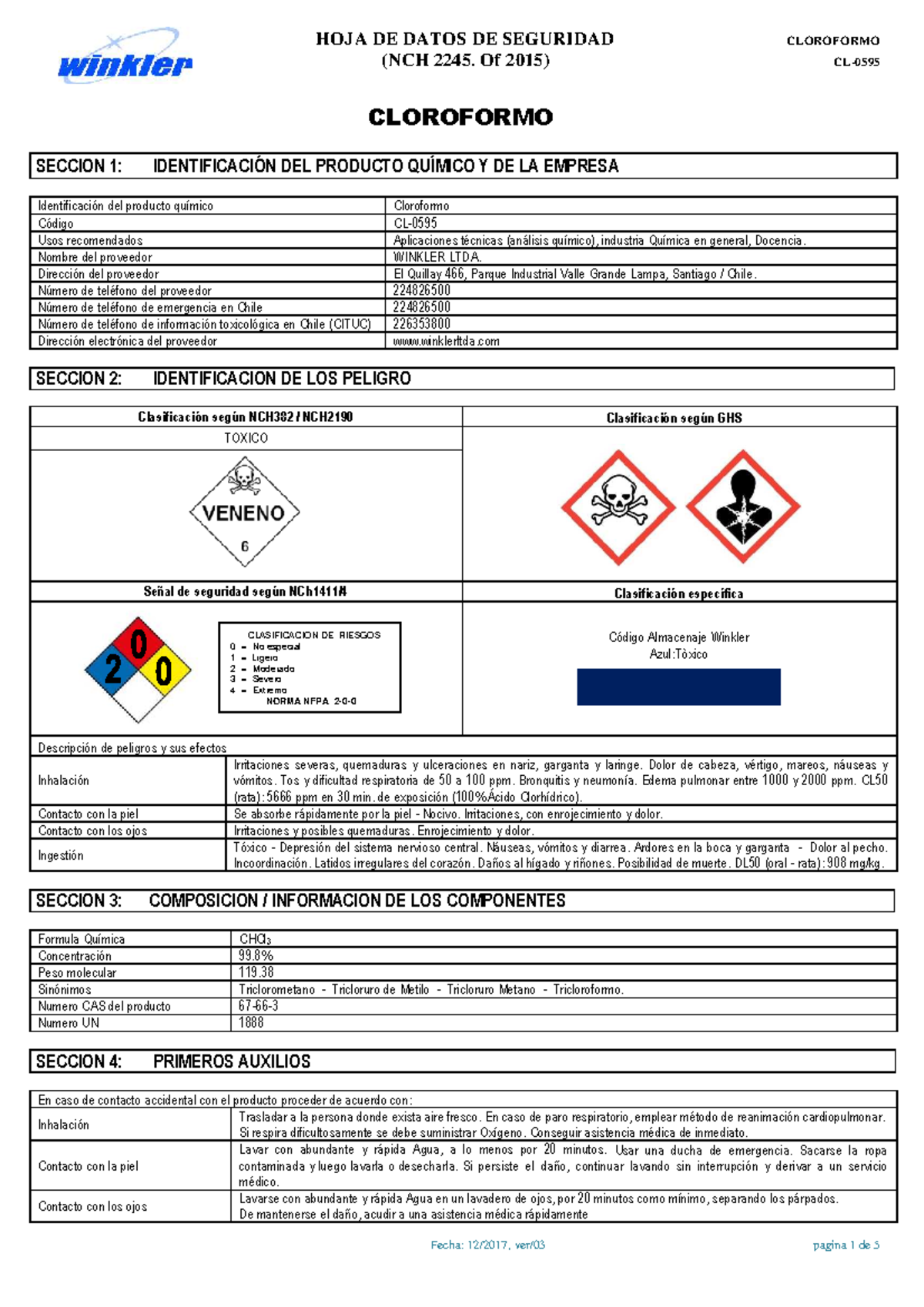 Hoja de Datos de Seguridad (NCH 2245. Of 2015) - Cloroformo - Studocu