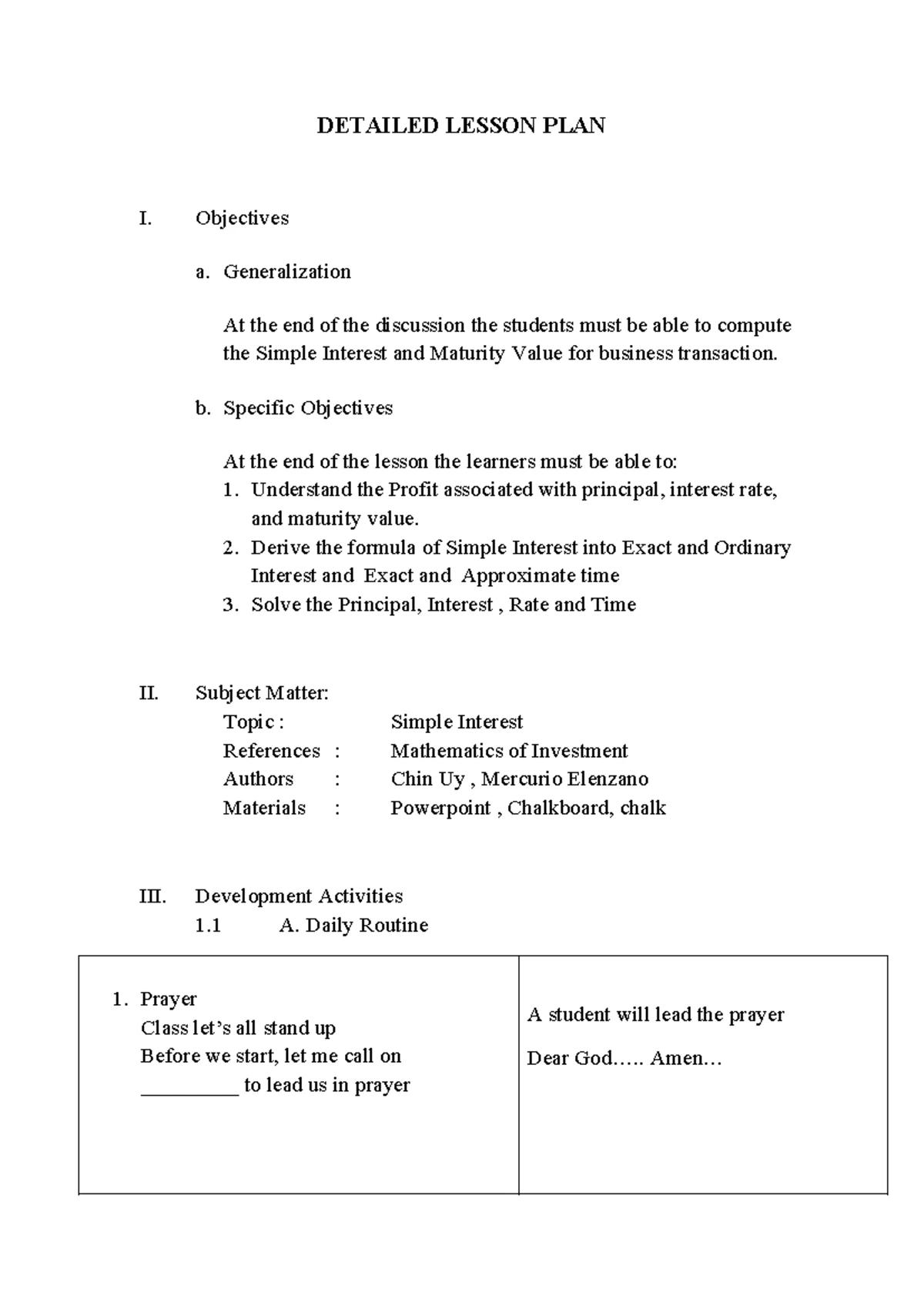 Simple Interest Lesson Plan - A Detailed Lesson Plan in General ...