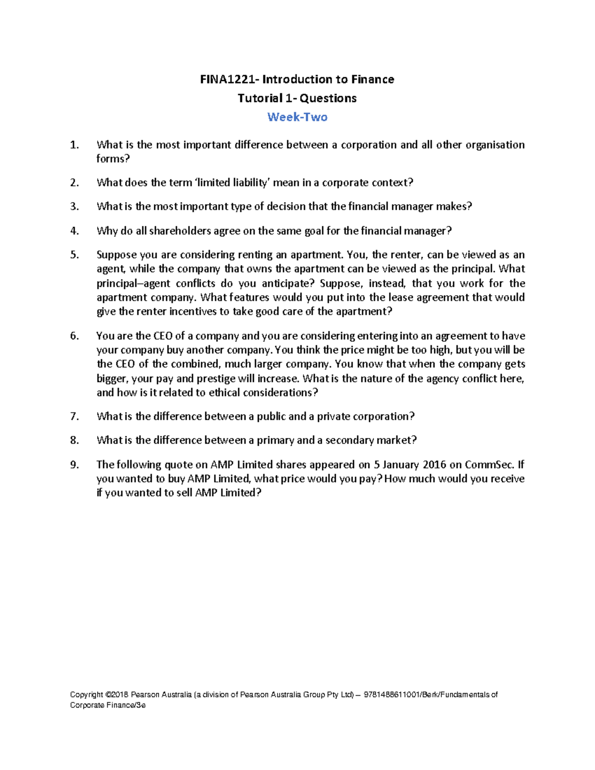 FINA1221 Tutorial 01 Questions - Week 2 Finance Concepts - Studocu