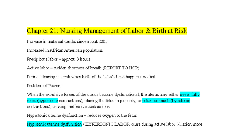 Chapter 21: Nursing Management of Labor & Birth Risks - Studocu
