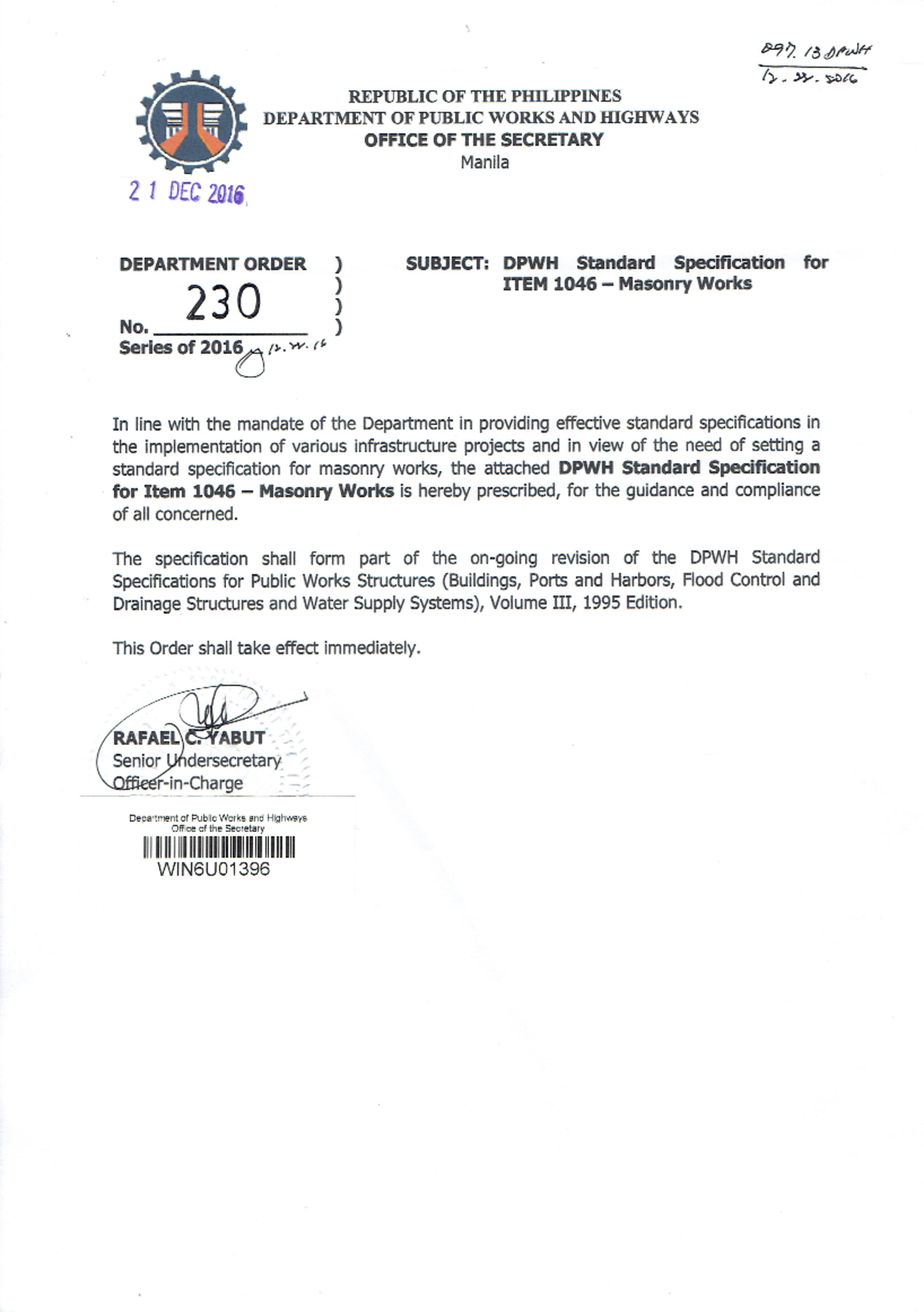 DPWH Standard Specification for Masonry Works (Item 1046) 2016 - Studocu