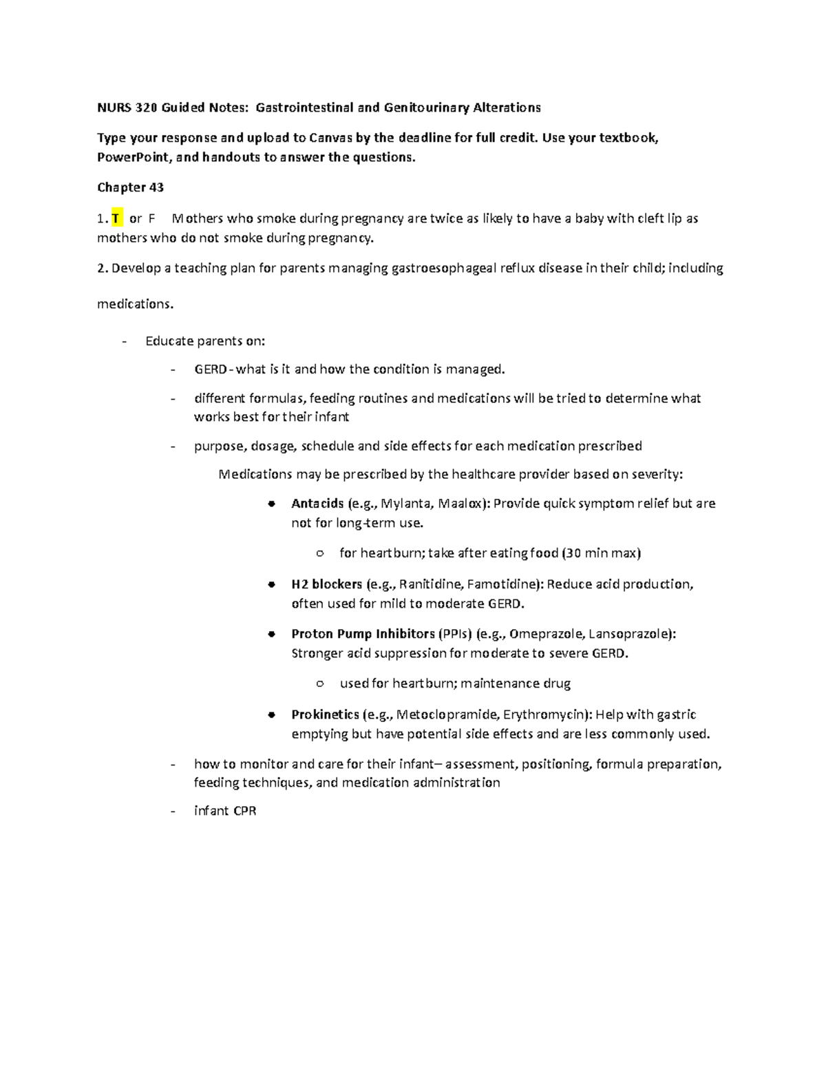 Guided Notes Gastro and GU - NURS 320 Guided Notes: Gastrointestinal ...