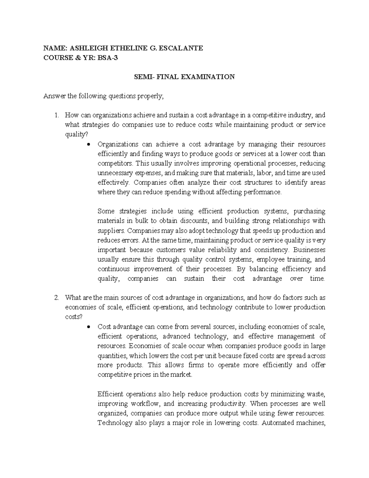 Semi-Final Exam: Cost Advantage & Differentiation Strategies - Studocu