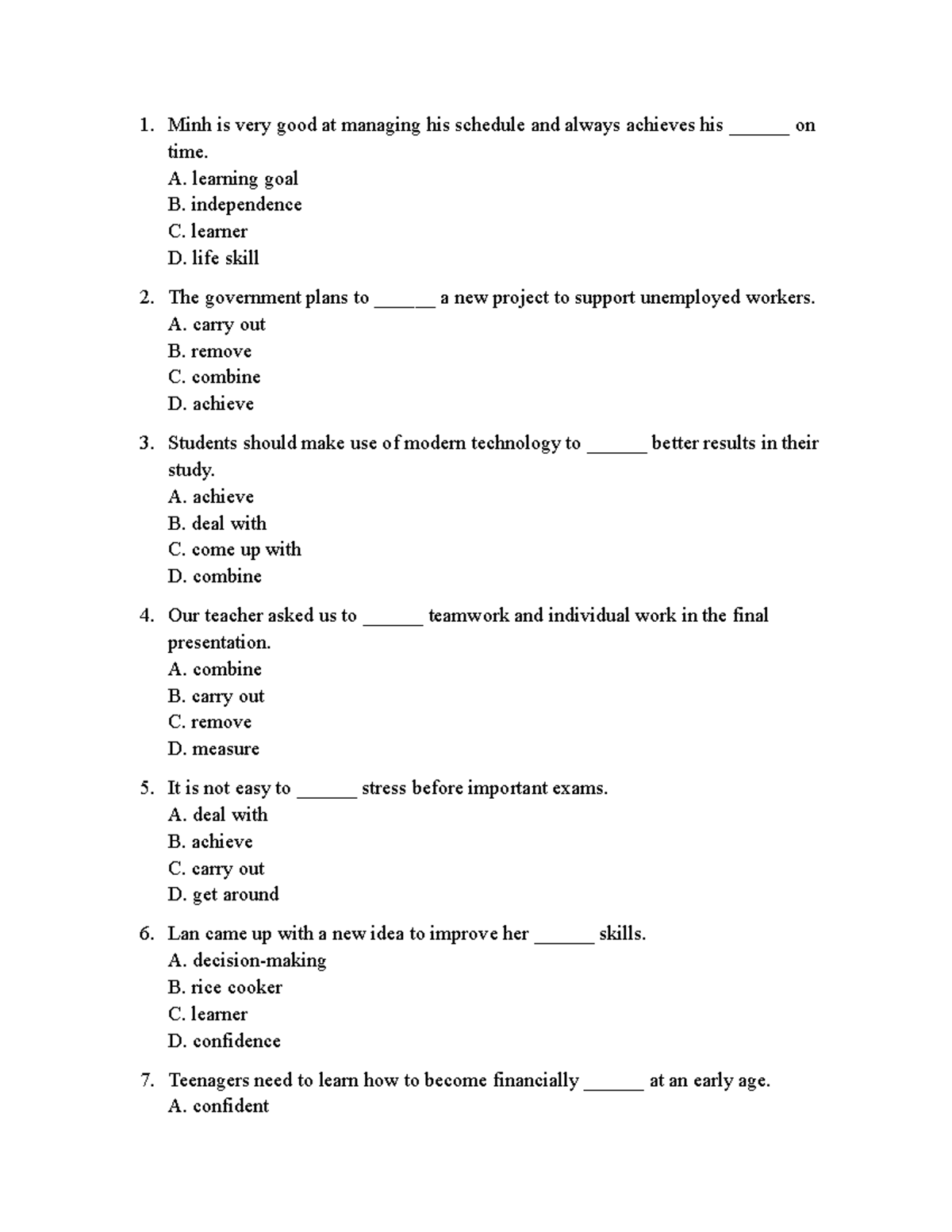 BT Vocab UNIT 8 - Life Skills and Independence Exercises - Studocu