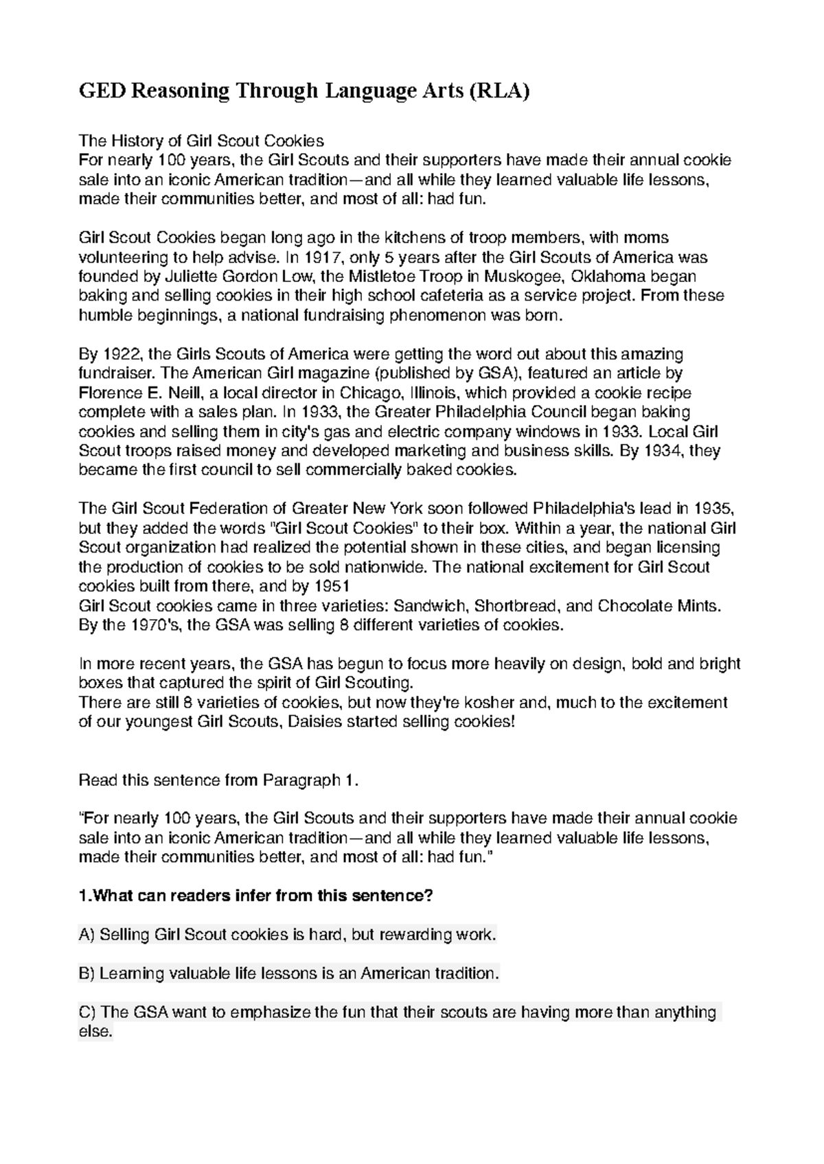 GED RLA Reading Set 2: The History of Girl Scout Cookies - Studocu