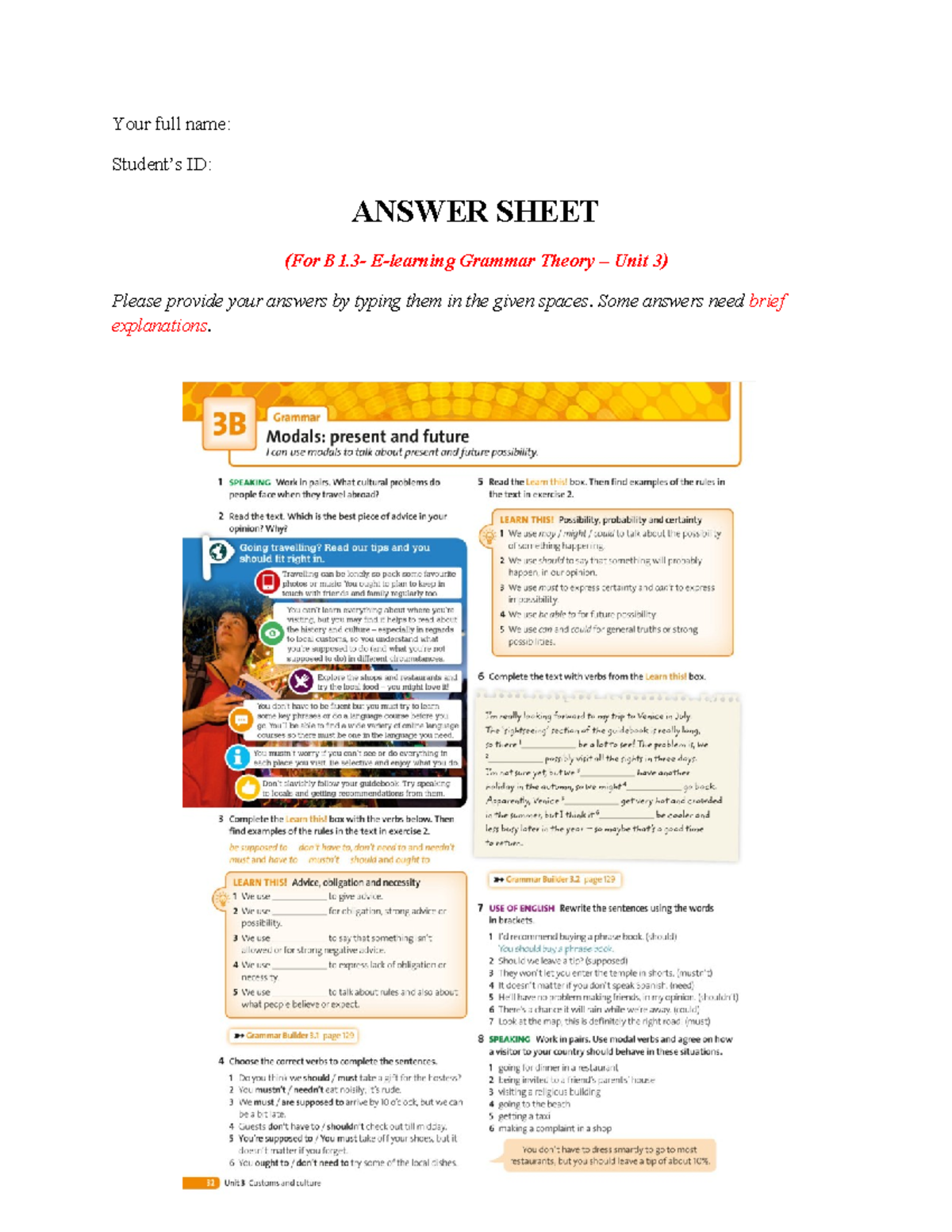 E-learning Grammar Theory 3 (Answer sheet) - Your full name: Student’s ...