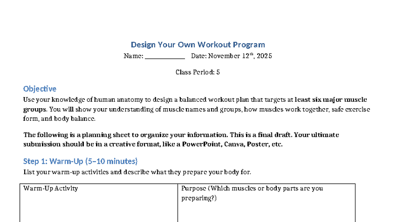Final Draft: Design Your Own Workout Program (PE 101) - Studocu