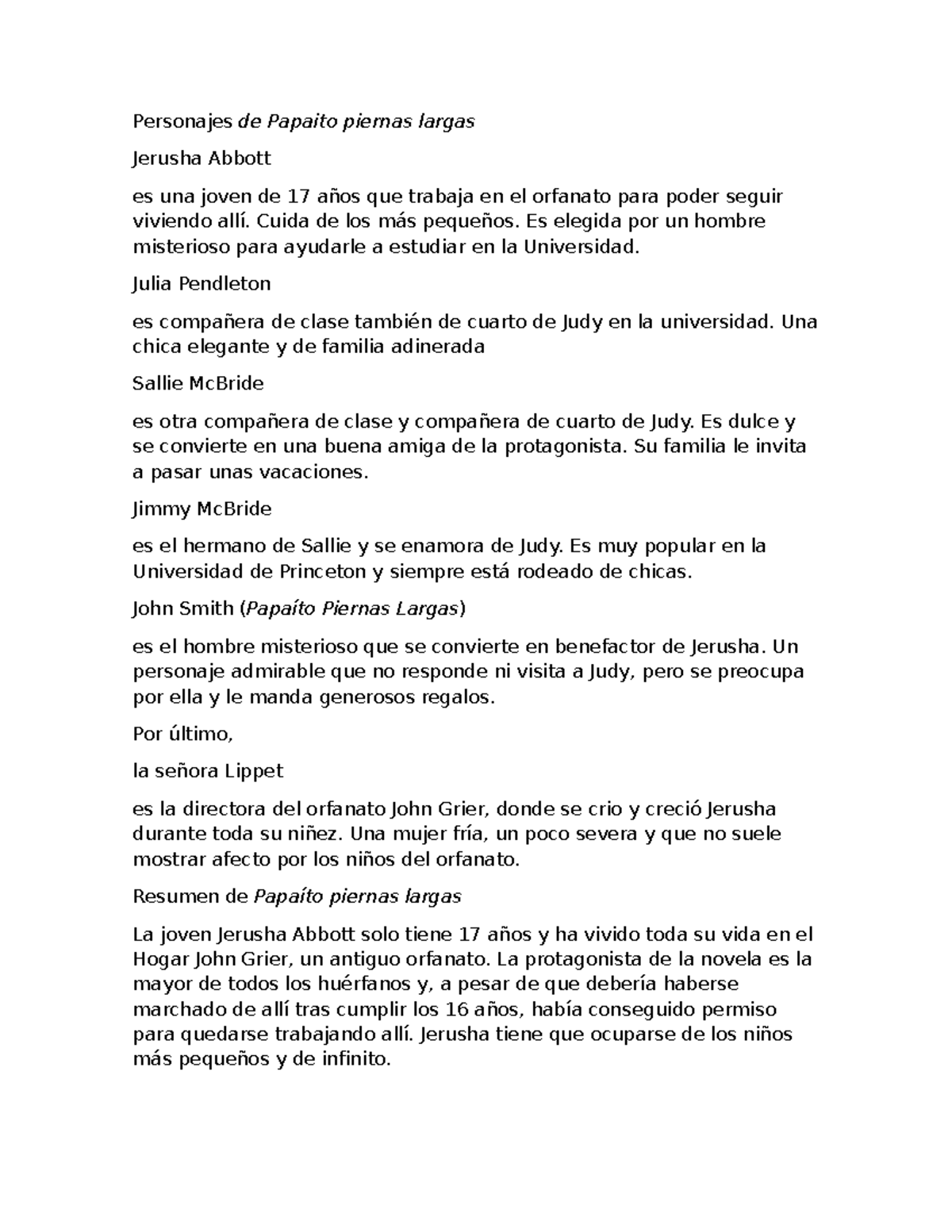 Resumen y Personajes de Papáíto Piernas Largas - Análisis Literario ...